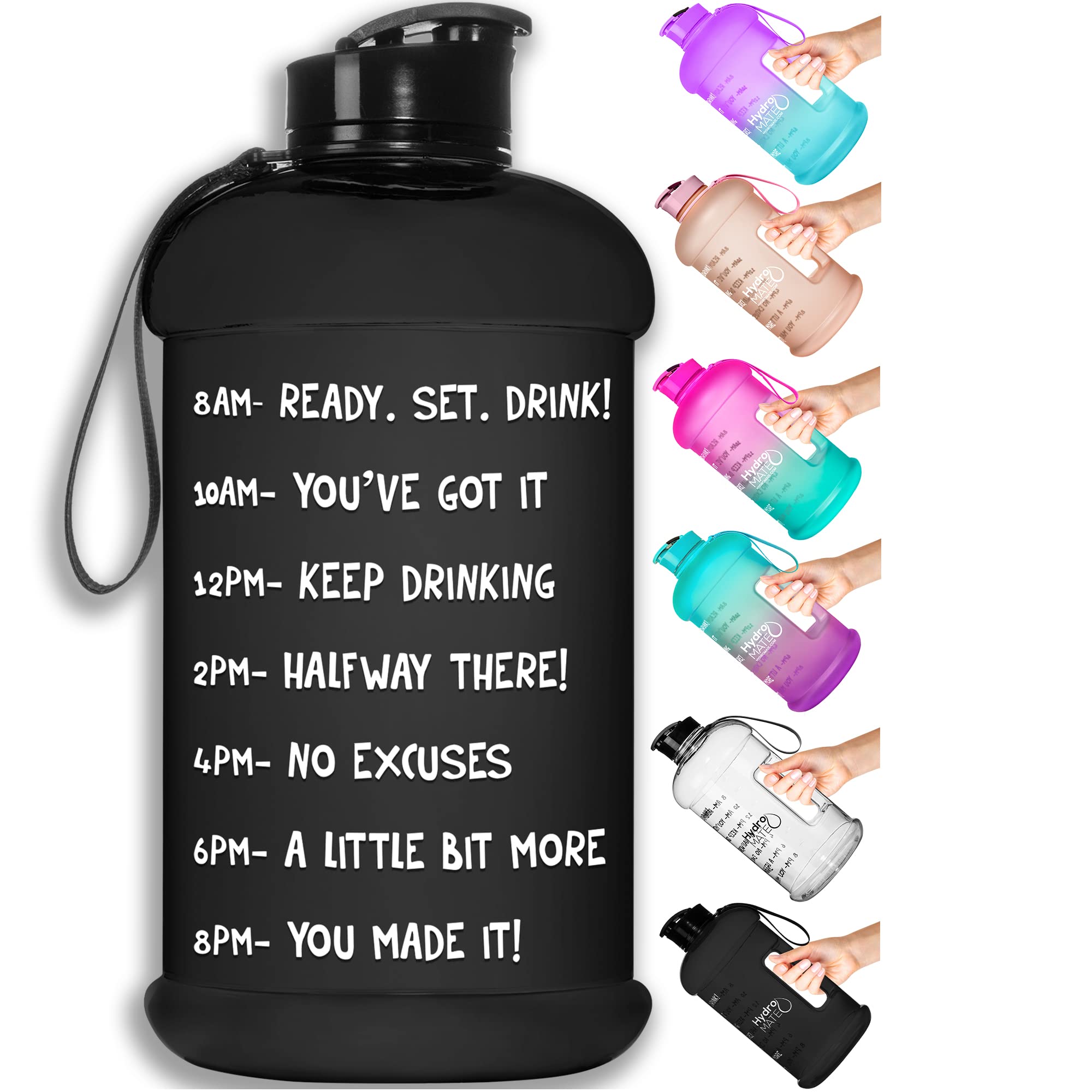NatureWorks HydroMATE Half Gallon Water Bottle with Times to Drink BPA Free Leak Proof Reusable Jug with Handle 64 oz