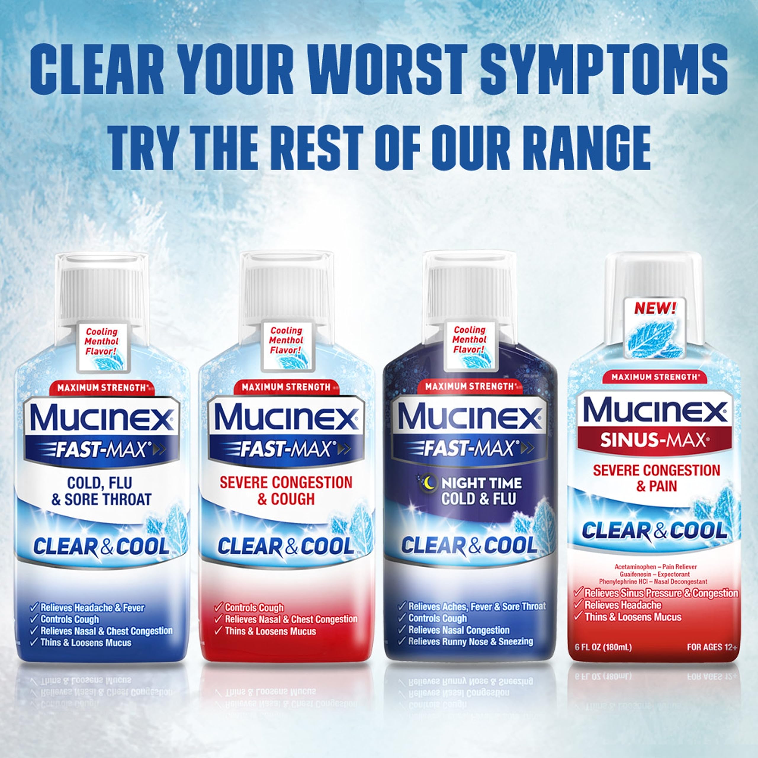 Mucinex Fast-Max Clear & Cool Cold, Flu, Sore Throat Liquid, 6oz