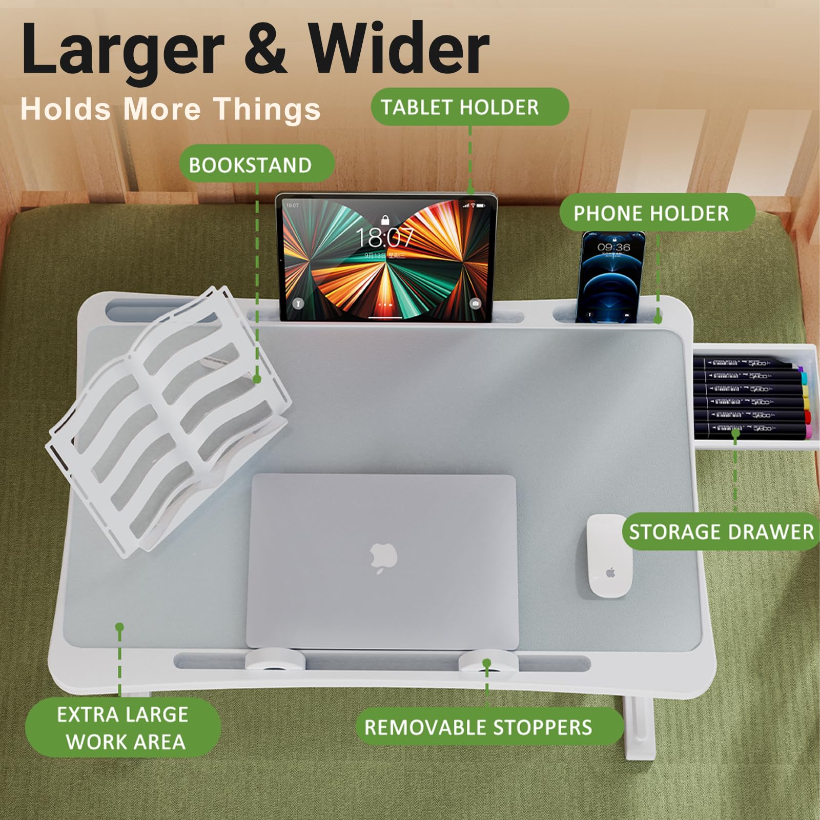 OGRANEE Kids Lap Desk, Dry Erase Table Adjustable Angles Height, Dry Erase Board for Kids with Drawer & Dry Eraser Markers, Foldable Bed Desk for Laptop and Writing, Drawing, Reading, White(24"*16.5")