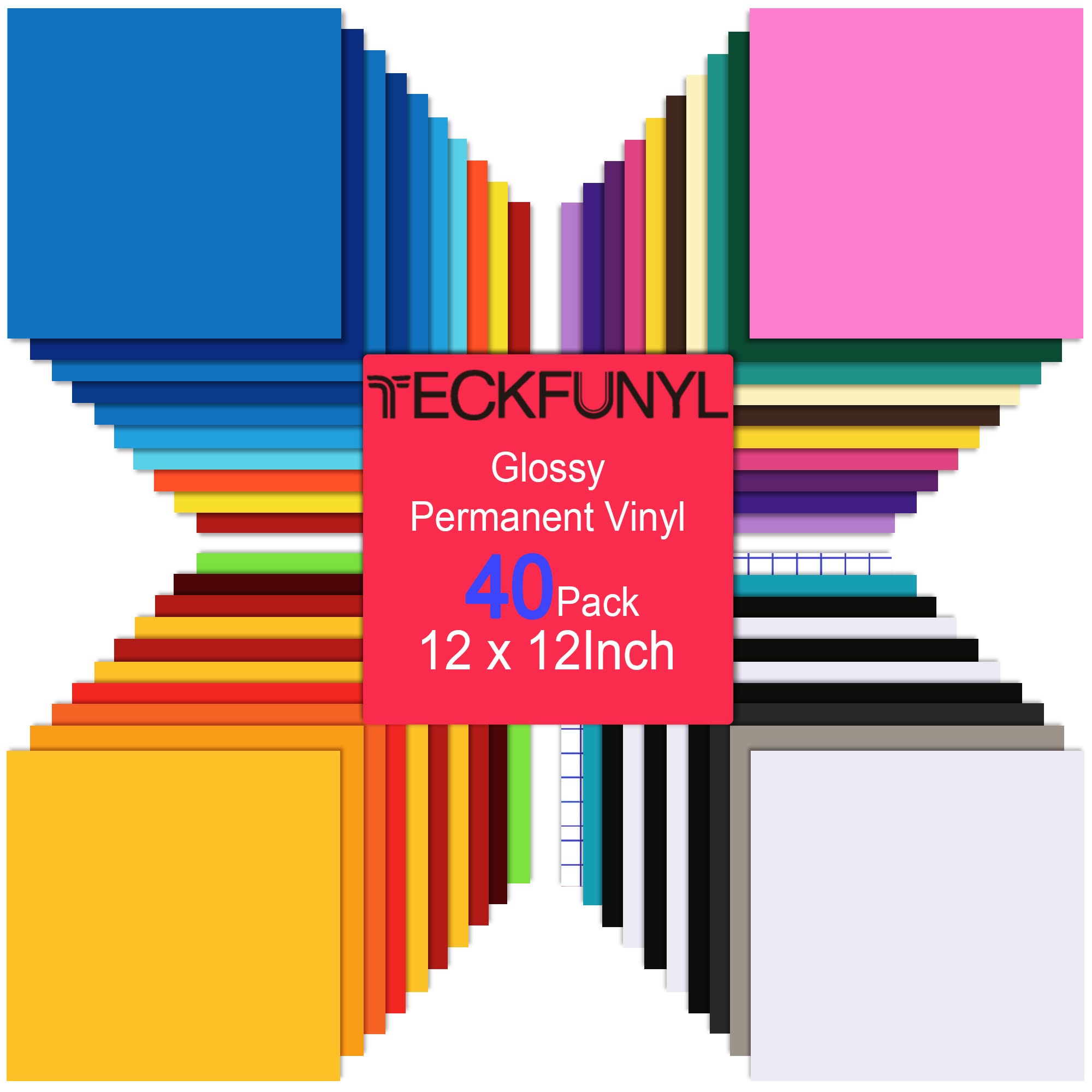 TECKFUNYL Permanent Adhesive Backed Vinyl Sheets (40 Packs, 12"x12") - Glossy 30 Colors Adhesive Vinyl 39 Sheets + 1 Transfer Tape Sheets for All Kinds of Cutting Machines