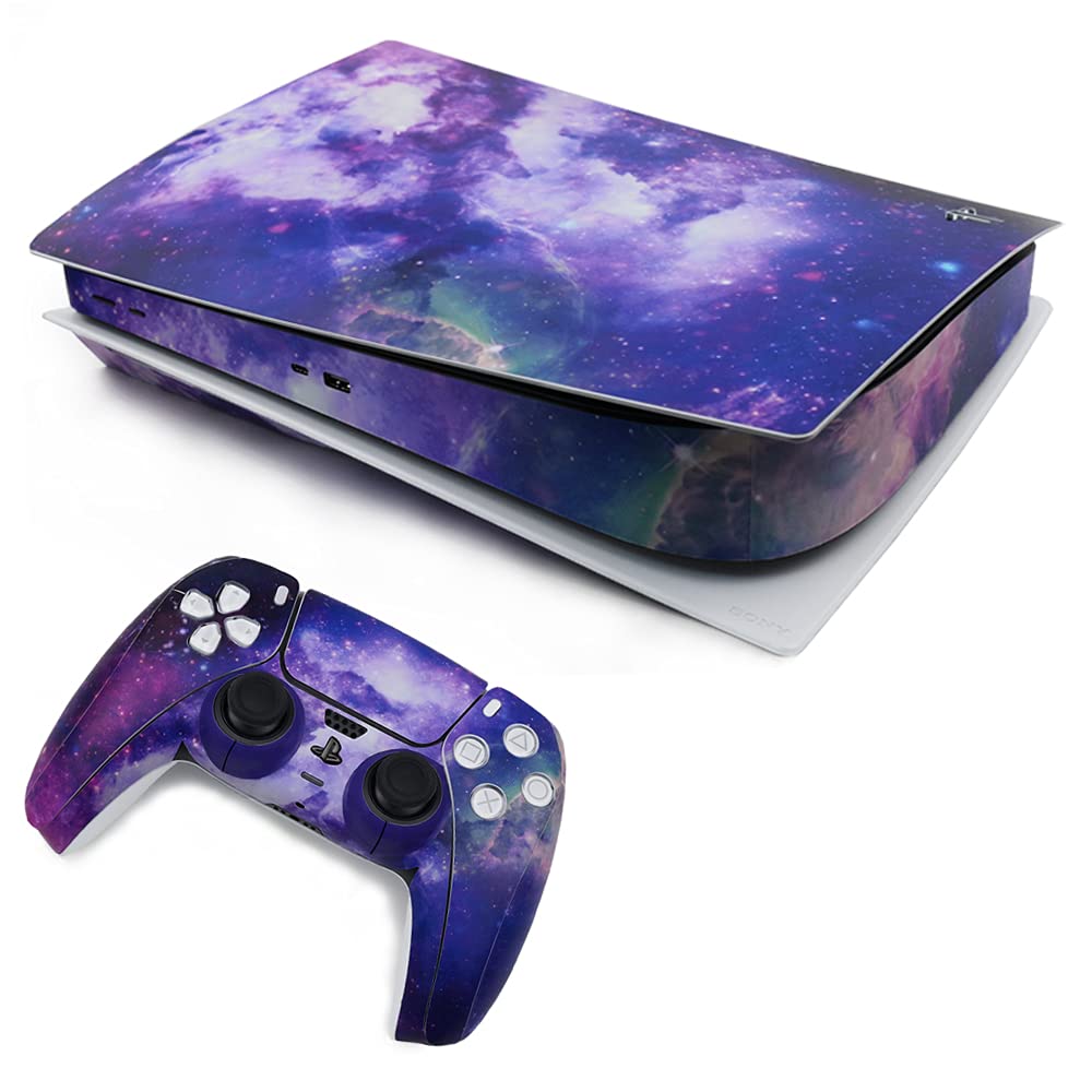 PS5 Skin Cover, PS5 Stickers for Console, Nebula Design Vinyl Skin Cover Compatible with Playstation 5 Console Accessories +2 Controller Skins Set,Disk Edition