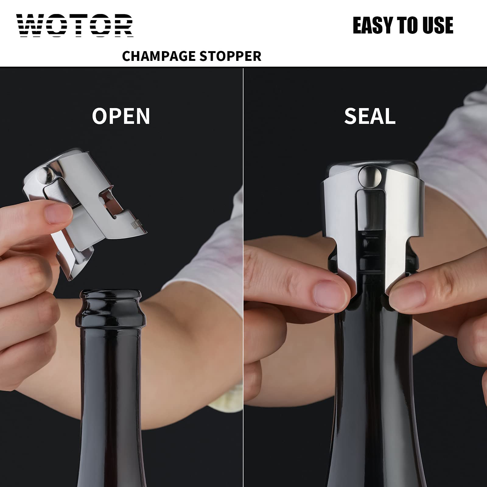 WOTOR 3 Pack Champagne Stoppers with Stainless Steel Champagne Bottle Stoppers with Food Grade Silicone Reusable Champagne Cork, Saver Suitable for Champagne, Cava, Prosecco and Sparkling Wine(Silver)
