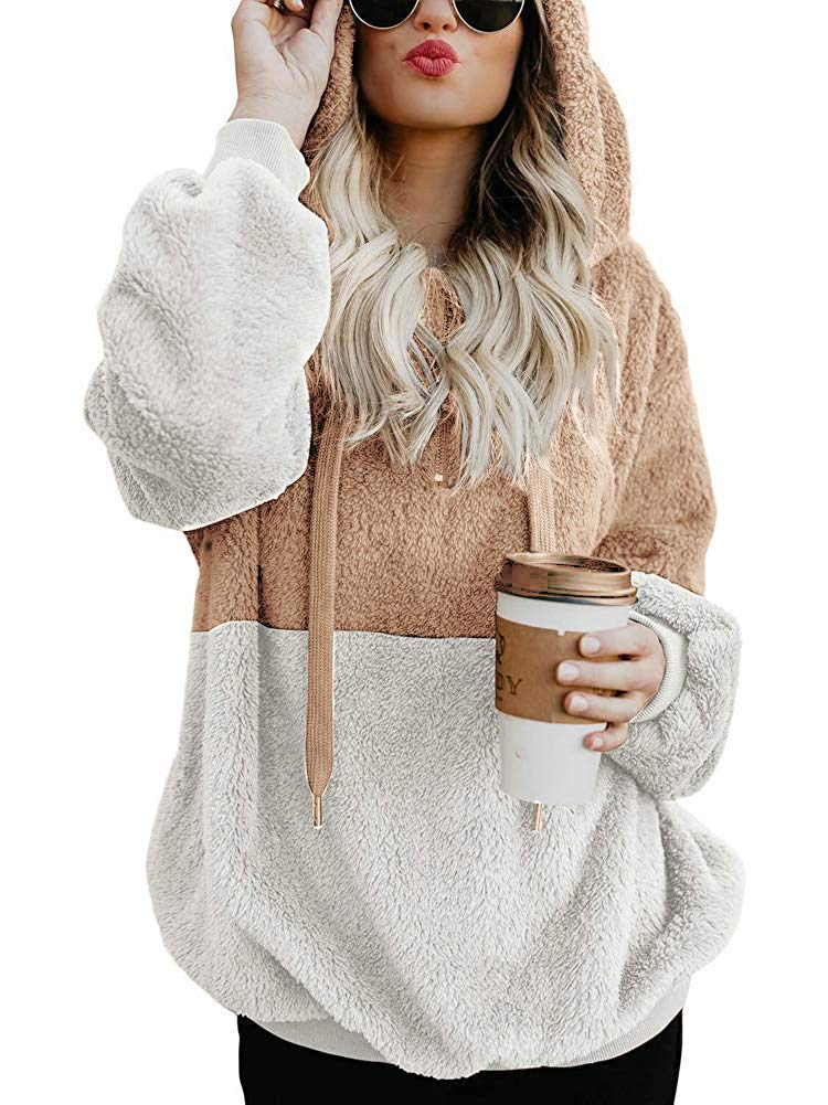 Romanstii Women's Oversized Sherpa Pullover Pockets Hoodie 1/4 Zip Sweatshirt for Christmas Dark Pink XXL