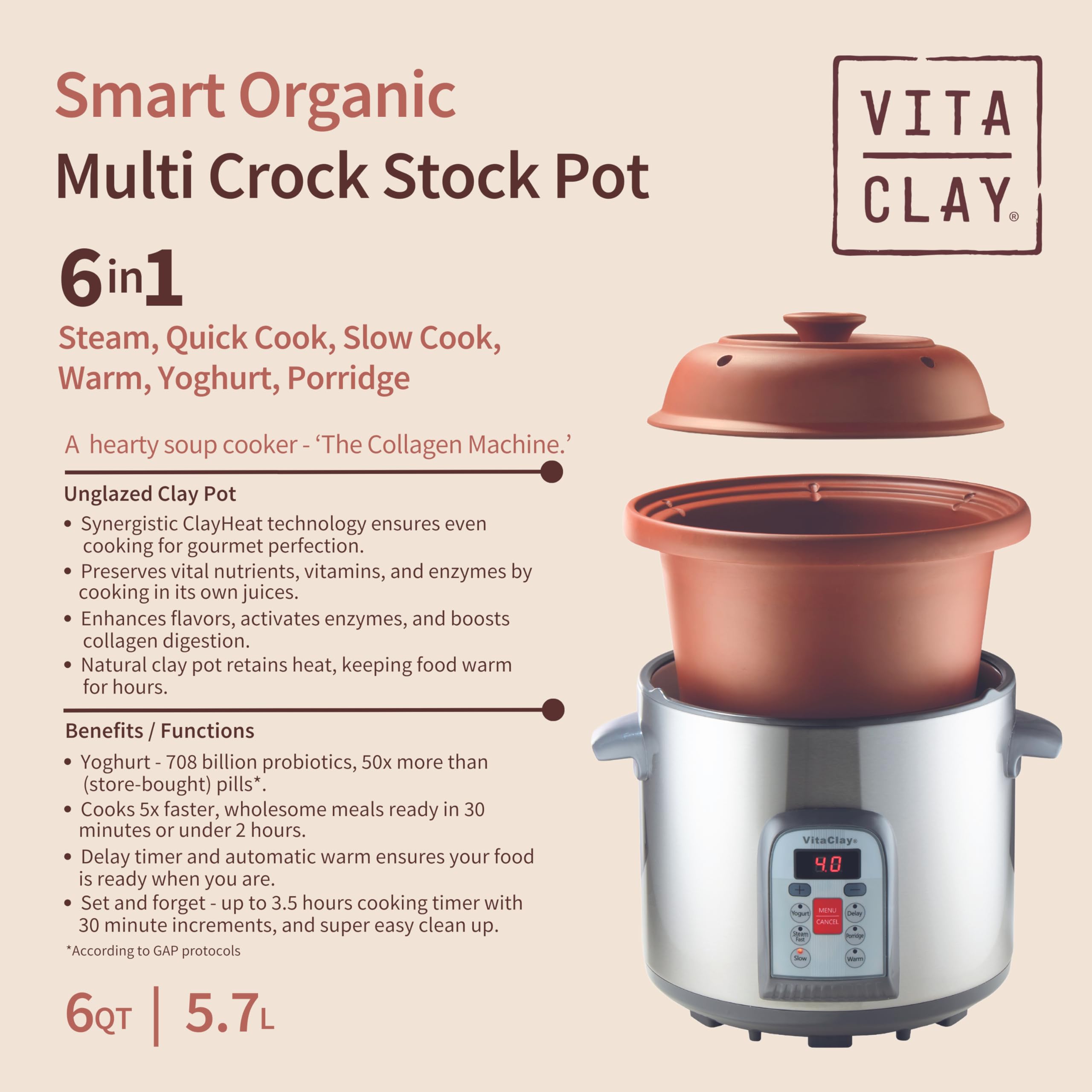 Vitaclay Smart Organic Clay Multi Crocks Stock Pot - Toxin Free Clay Electric Pot for Cooking Bone Broth, Large Slow Cooker, Yogurt Maker, Stew Pot with Natural Earthen Clay Crock, 6 quart / 5.7 liter