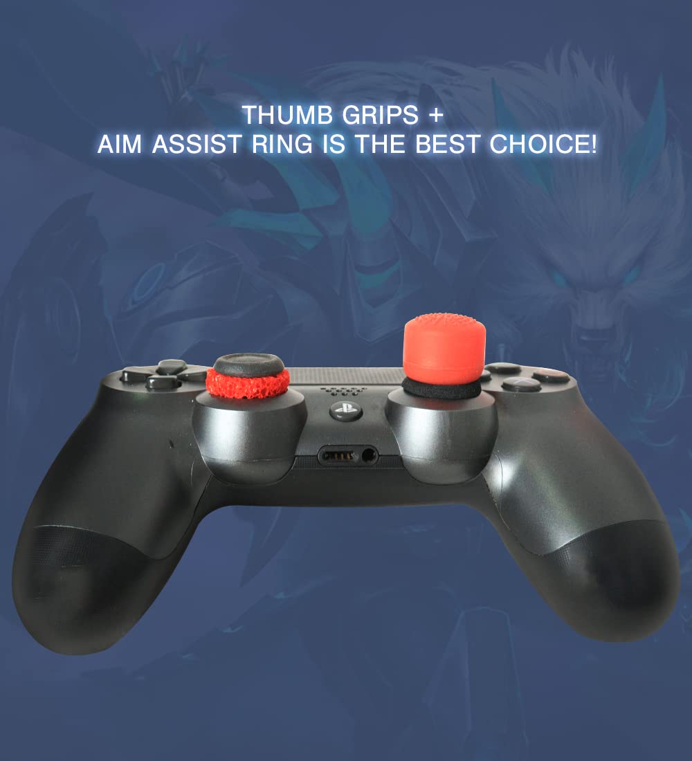 Precision Rings Aim Assist Motion Control Ring(6pc) – Thumb Grips (8pc) Rubber Analog Stick Grips(Black and RED) for PS5, PS4, Switch Pro & Scuf Controller