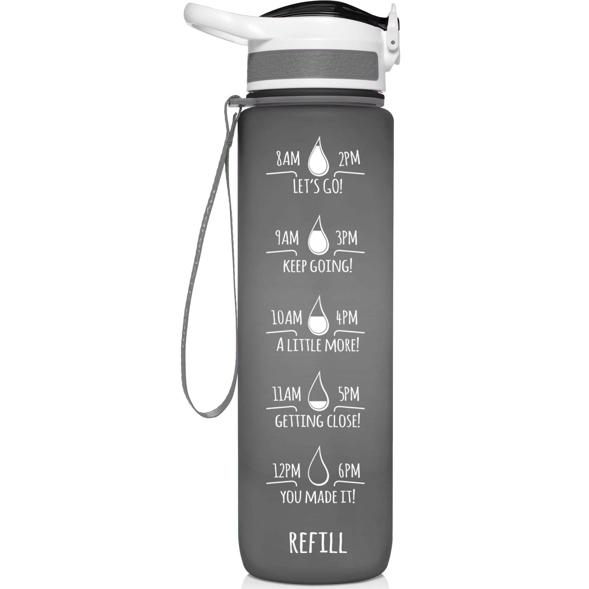 NatureWorks HydroMATE 32 oz Water Bottle with Time Markings Hourly BPA Free Reusable Leak Proof with Straw and Carrying Strap 1 Liter