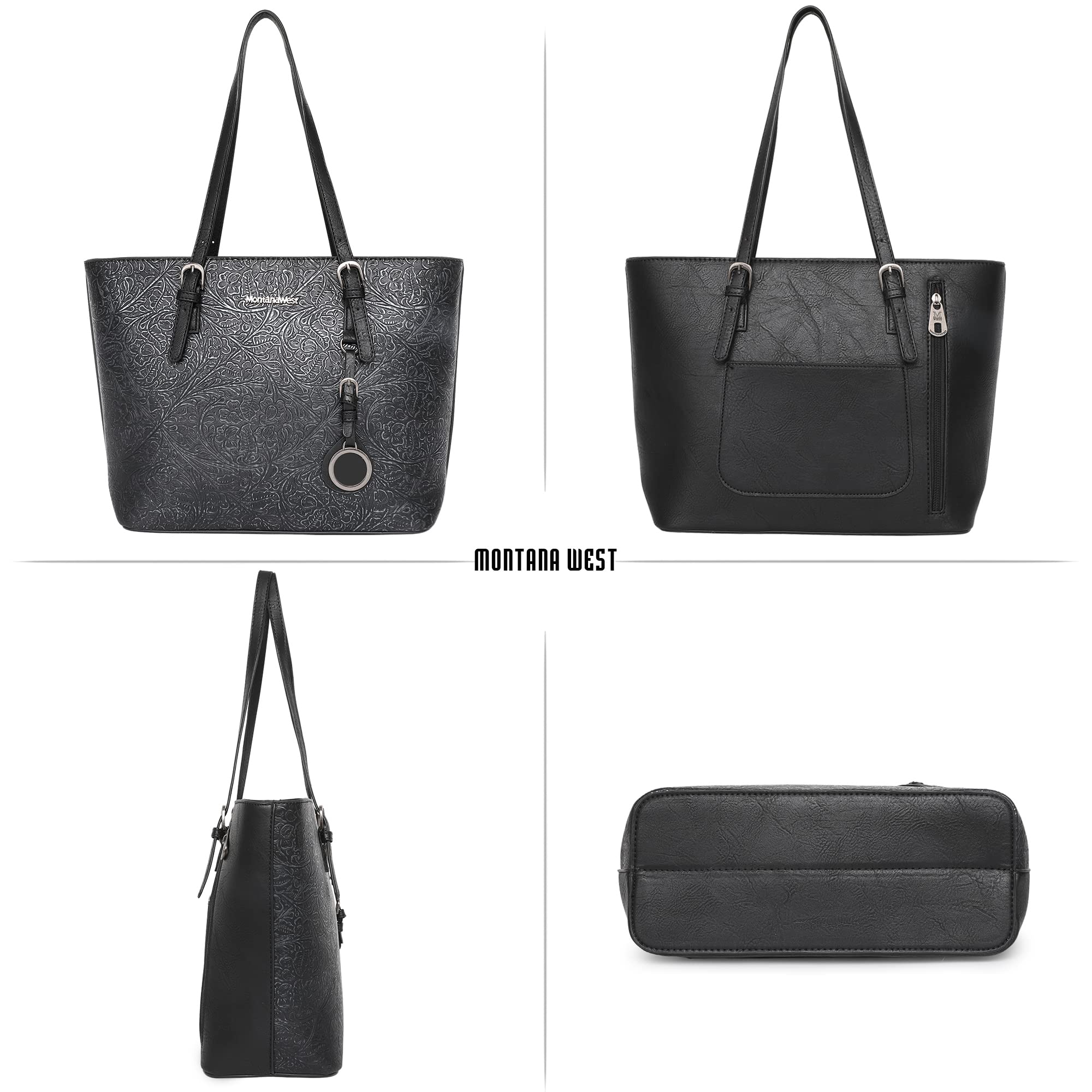 Montana West Tote Bag for Women Vegan Leather Purse and Handbags Set Embossed Collection Purse 2Pcs Set Black MWC2-G052BK