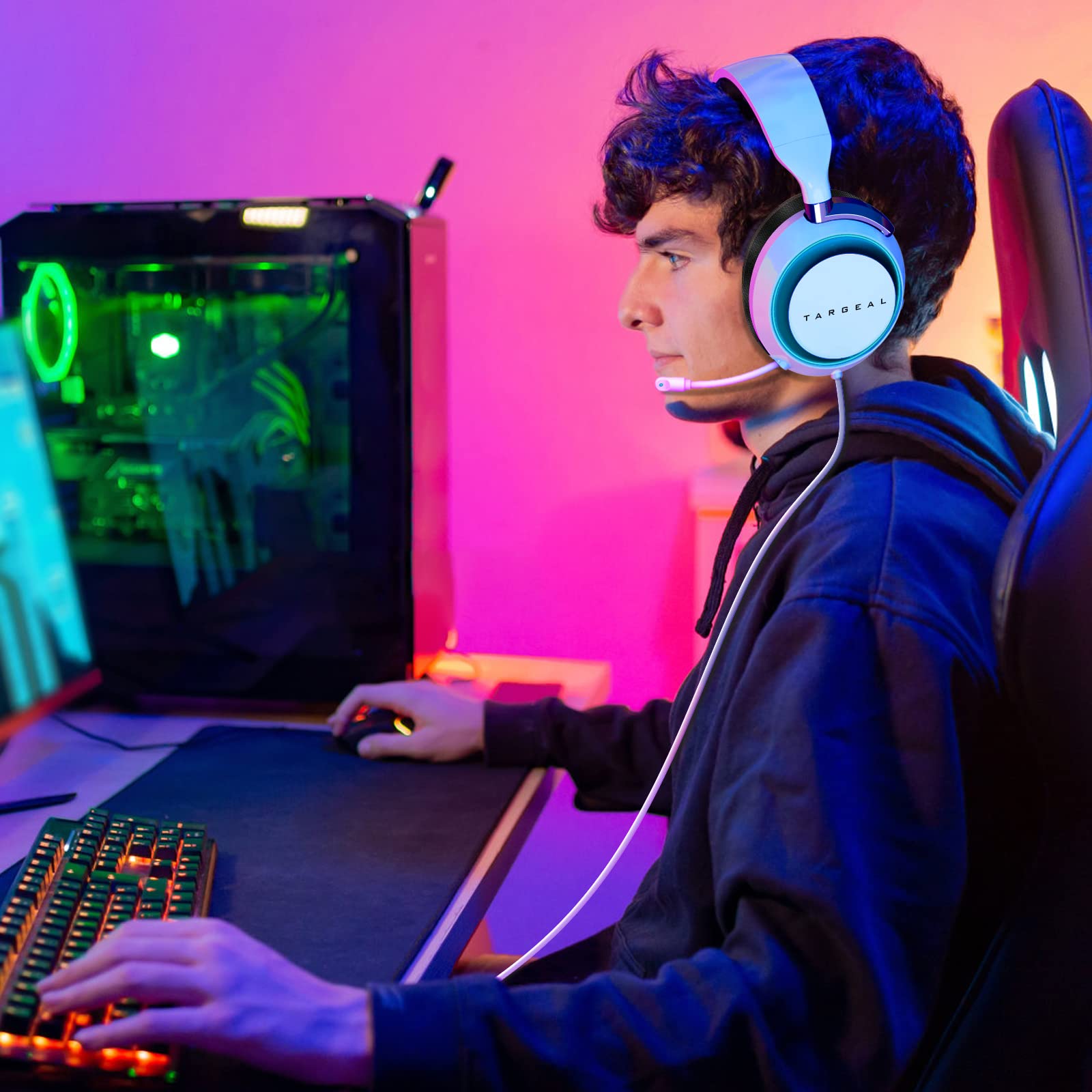targeal 7.1 Surround Sound Gaming Headset for PS5, PS4, Switch, PC, Laptop, Tablet, Mobile Phone - USB Wired Gamer Headphone with Noise Canceling Mic - 4 Modes RGB - White Headset with C Cable