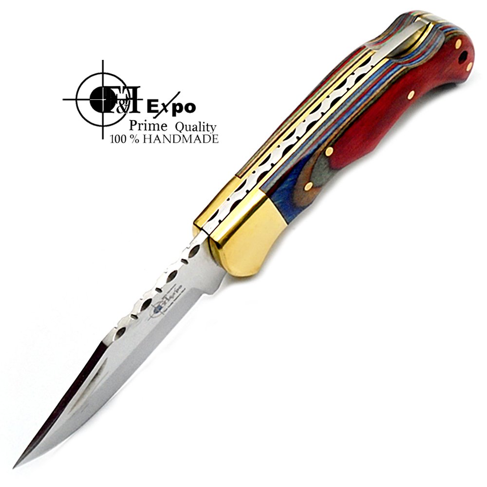 Multi Wood 6.5'' Handmade Stainless Steel Folding Pocket Knife Brass Bloster With Back Lock 100% Top Quality