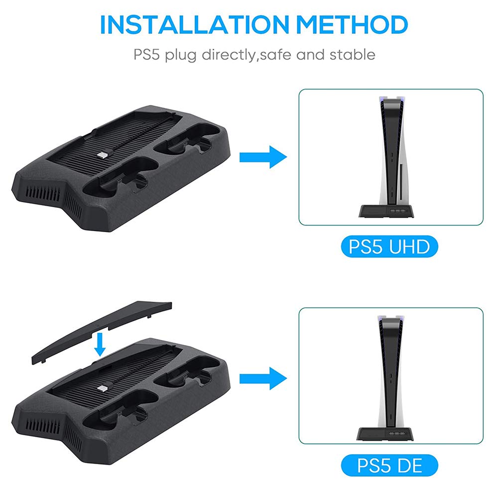 PS5 Vertical Stand Cooling Fan, Dual Controllers Charging Station, 14 Slots Game Storage and 3 Port USB Hub. The All-in-One Stand for Your PS5