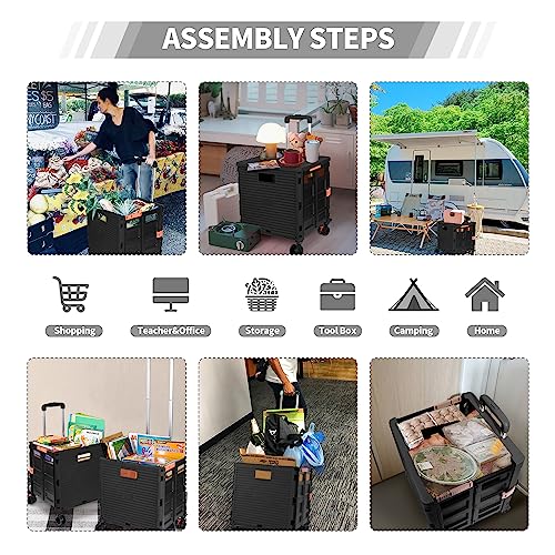Rolling Crate Utility Cart Collapsible Tote Basket Teacher Cart with Lid Wear-Resistant Noiseless 360°Rotate Wheel Telescoping Handle for Trave Moving Luggage Use(Pink,110lbs)