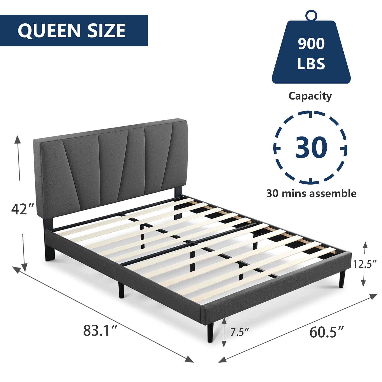 Molblly King Bed Frame Upholstered Platform with Headboard and Strong Wooden Slats, Strong Weight Capacity, Non-Slip and Noise-Free,No Box Spring Needed, Easy Assembly,Dark Grey