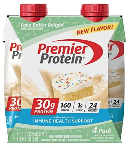 Premier Protein Shake, Cake Batter Delight, 30 g Protein, 1 g Sugar, 24 Vitamins & Minerals, Nutrients to Support Immune Health, Cream, 11 Fl Oz, 4 Count