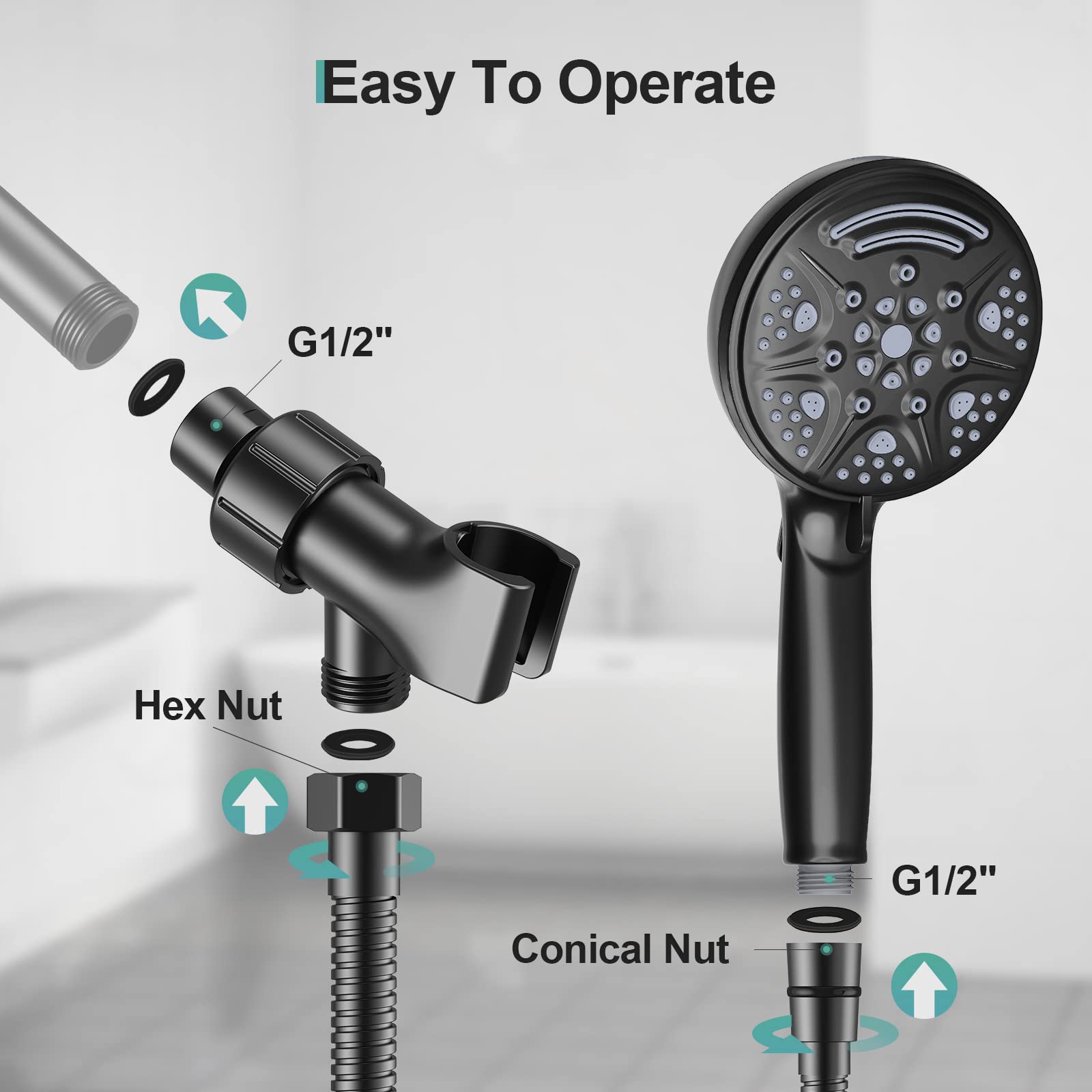 SR SUN RISE Shower Head - 9 Settings High Pressure Detachable Power Wash Handheld Showerhead, Spray Hand Showers with Extra Long Hose and 360° Adjustable Wall & Overhead Brackets (Matte Black)