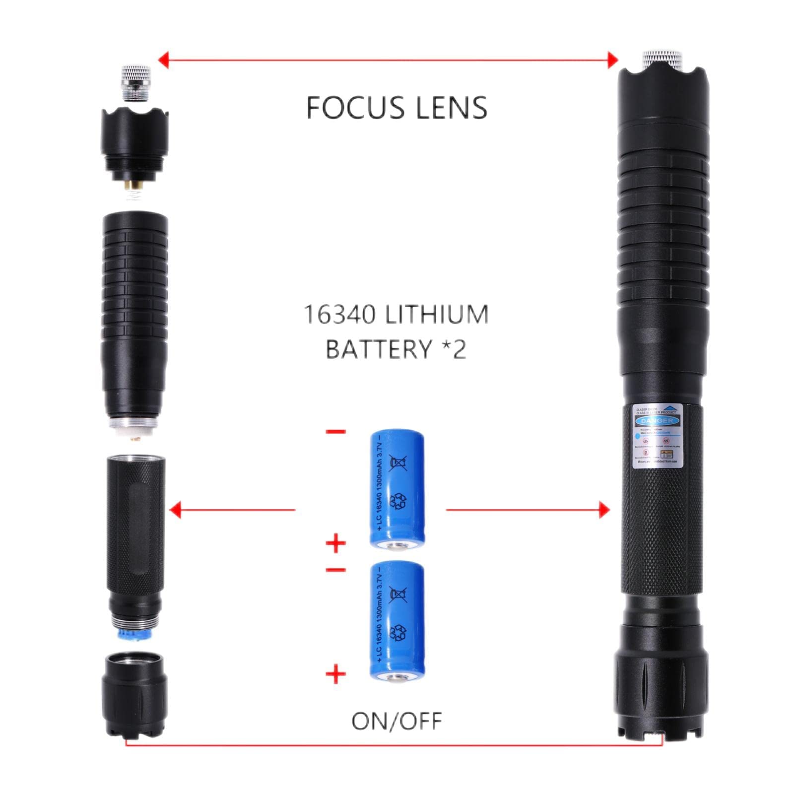 SRDHIN High Power Blue Tactical Flashlight, LED Light, Battery Powered, Adjustable, Suitable for Outdoor Activities