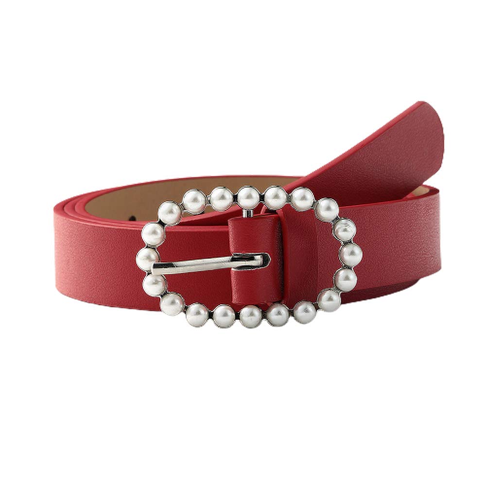 PU Leather Pearl-Hoop Bukcle Waist Belt for Jeans Girls and Womens (Red)