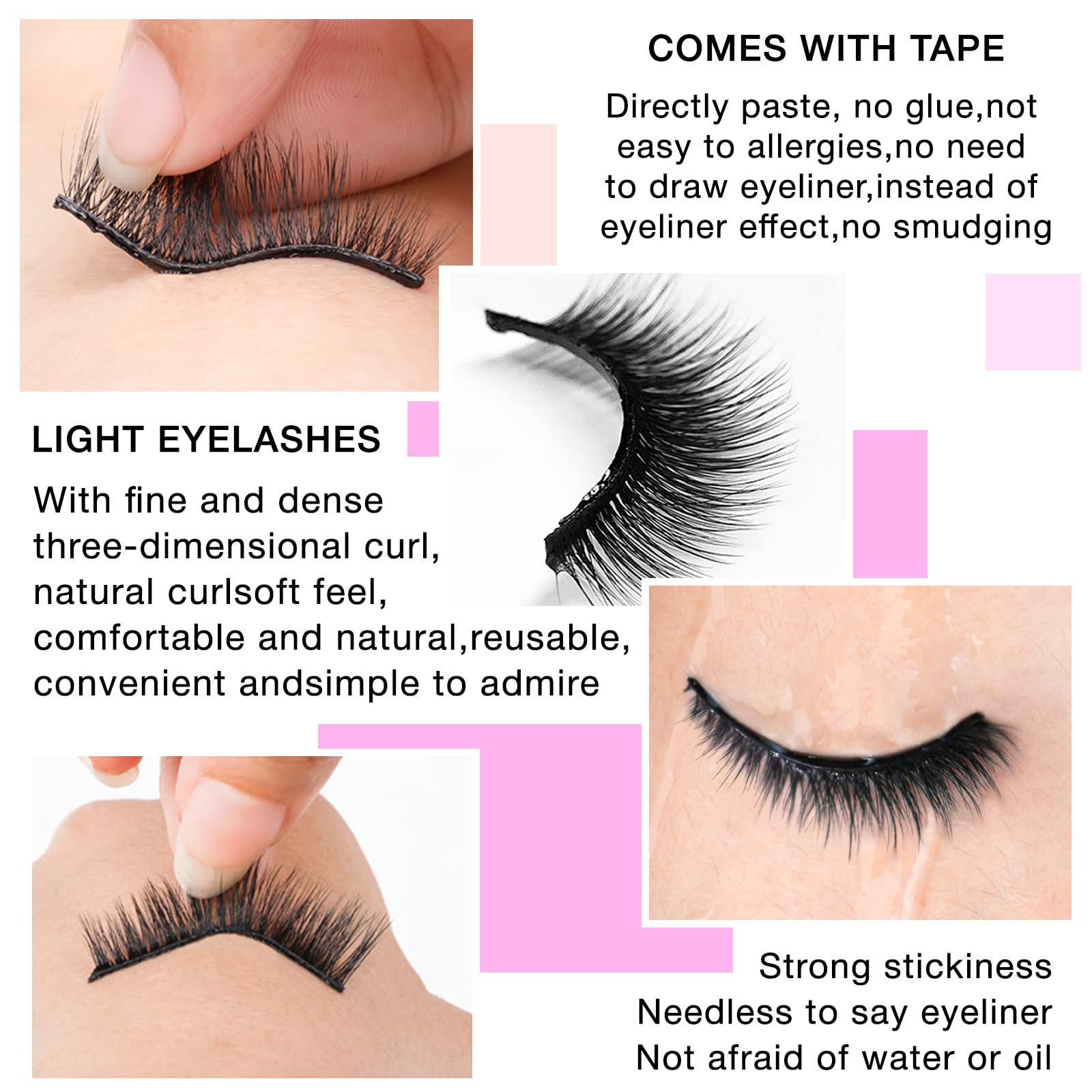 Self Adhesive Eyelashes(5 Pairs), Reusable, Natural Look, Self Sticking No Glue Lashes for Women, Five Styles False Eyelashes Kit
