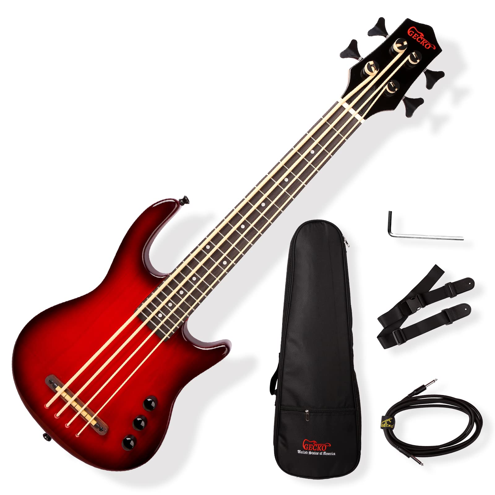 Ukulele Bass, GECKO U BASS, 34 inch Electric Bass 4 String with Strap and Guitar Bag 34 inch (Red)