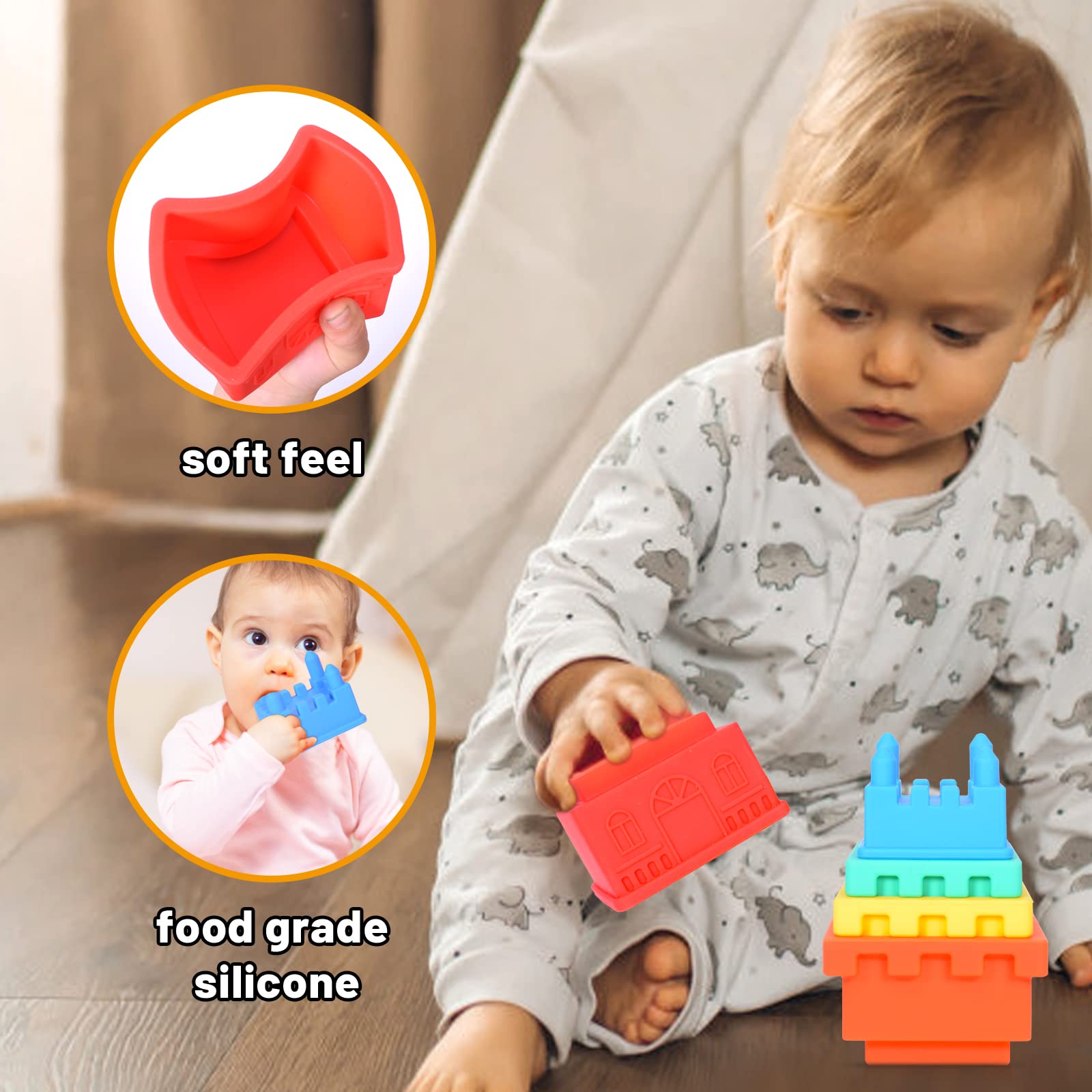 Yhopee Silicone Stacking Cups, Baby Stacking Castle Toy, Silicone Stacking Toy for Toddlers 1-3, Montessori Stacking and Nesting Toy for Babies, Baby Bath Toys, 5 Layers