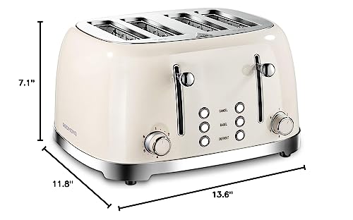 REDMOND 4 Slice Toaster Retro Stainless Steel Toasters with Bagel Defrost Cancel Function, 6 Browning Settings, Cream, ST033 WT-340C