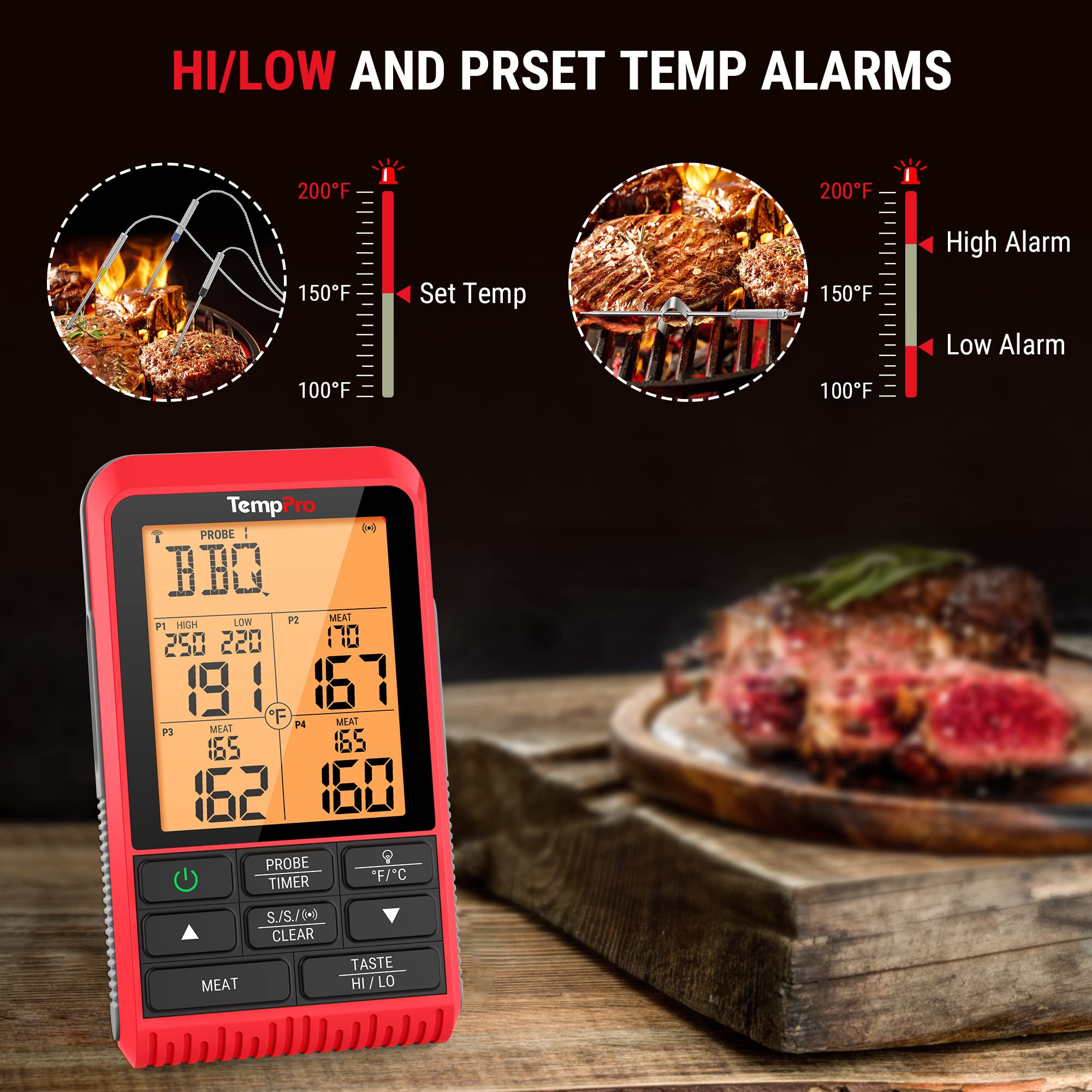 TempPro H29 Wireless Meat Thermometer with 4 Probes, 1000FT Smoker Thermometer for Grilling and Smoking, Meat Probe BBQ Thermometer for Oven and Grill