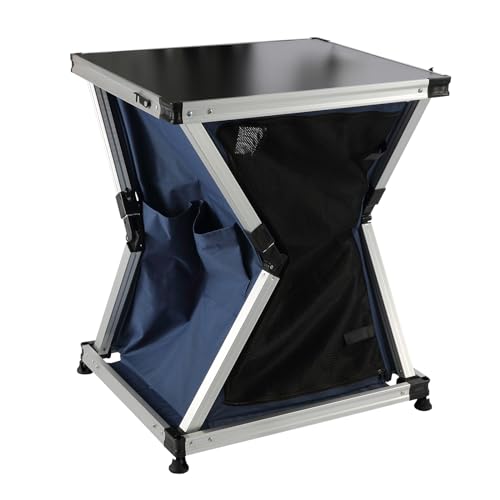 VEVOR Camping Kitchen Table Storage, Outdoor Pop-up Aluminum Portable Folding Cook Station with 3-Tier Organizer, Side Pocket & Carrying Bag, Quick Set-up for BBQ Party Backyard RV Traveling, Blue