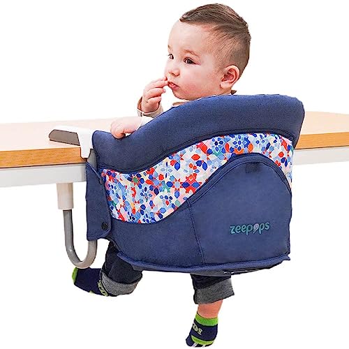 zeepops Hook On Table High Chair with Tray for Babies and Toddlers, Clip On Table Chair Portable, Fold-Flat Compact for Home, Dining Out and Travel (Denim Garden)