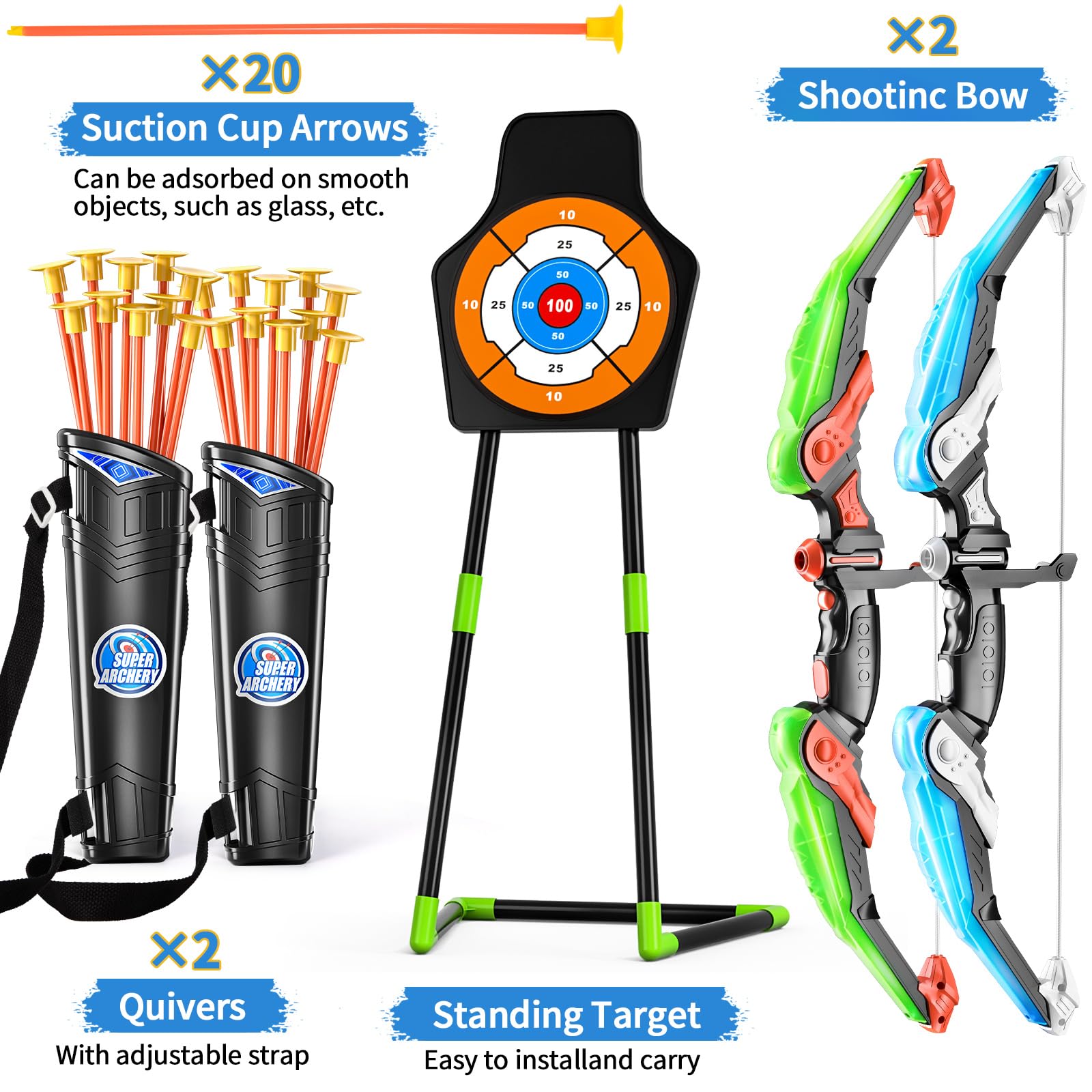 TEMI 2 Pack Archery Set - Includes 2 Bows, 20 Suction Cup Arrows & 2 Quivers & Standing Target, Outdoor Light Up Toys for Kids Boys Girls