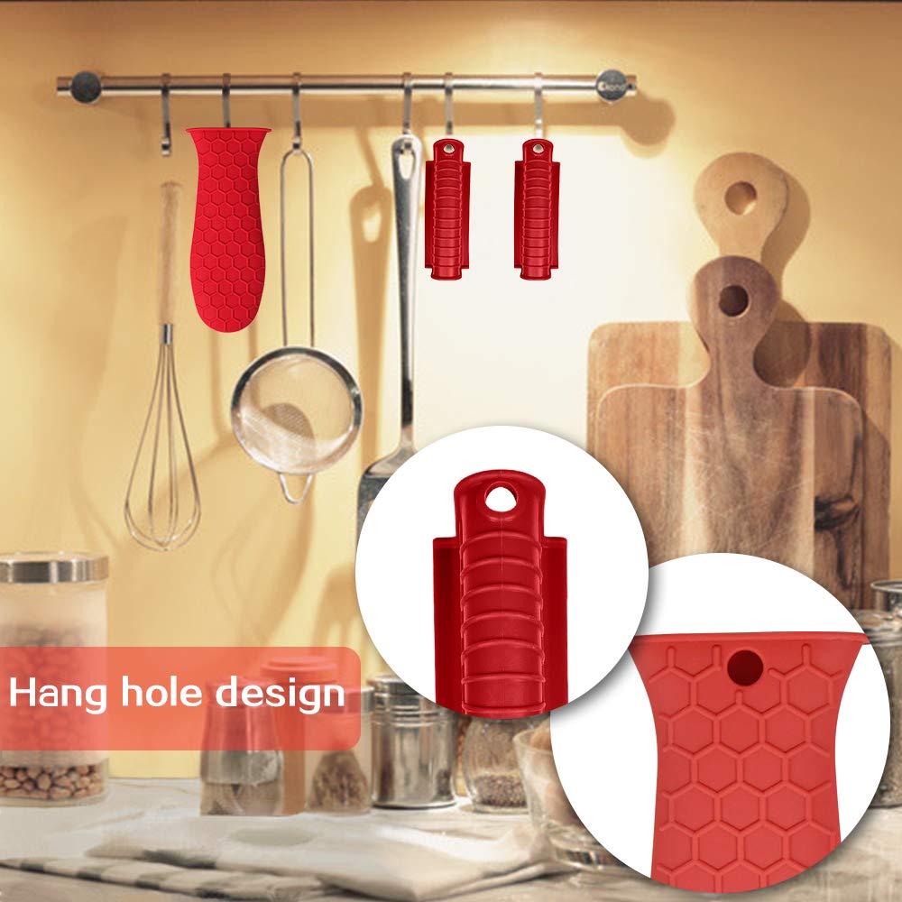 Silicone Hot Handle Holder, 3 Pack Assist Pan Handle Sleeve Pot Holders Non Slip Rubber Pot Holders Cast Iron Skillets Handles Grip Covers for Cast Iron Skillets Frying Pans Griddles Cookware (Red, L)
