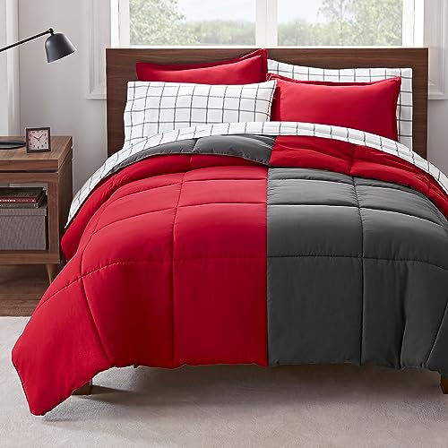 Serta Simply Clean Complete 7 Piece Hypoallergenic Reversible Bed in a Bag with Sheets and Pillow Cases for All Season, Queen, Red/Grey