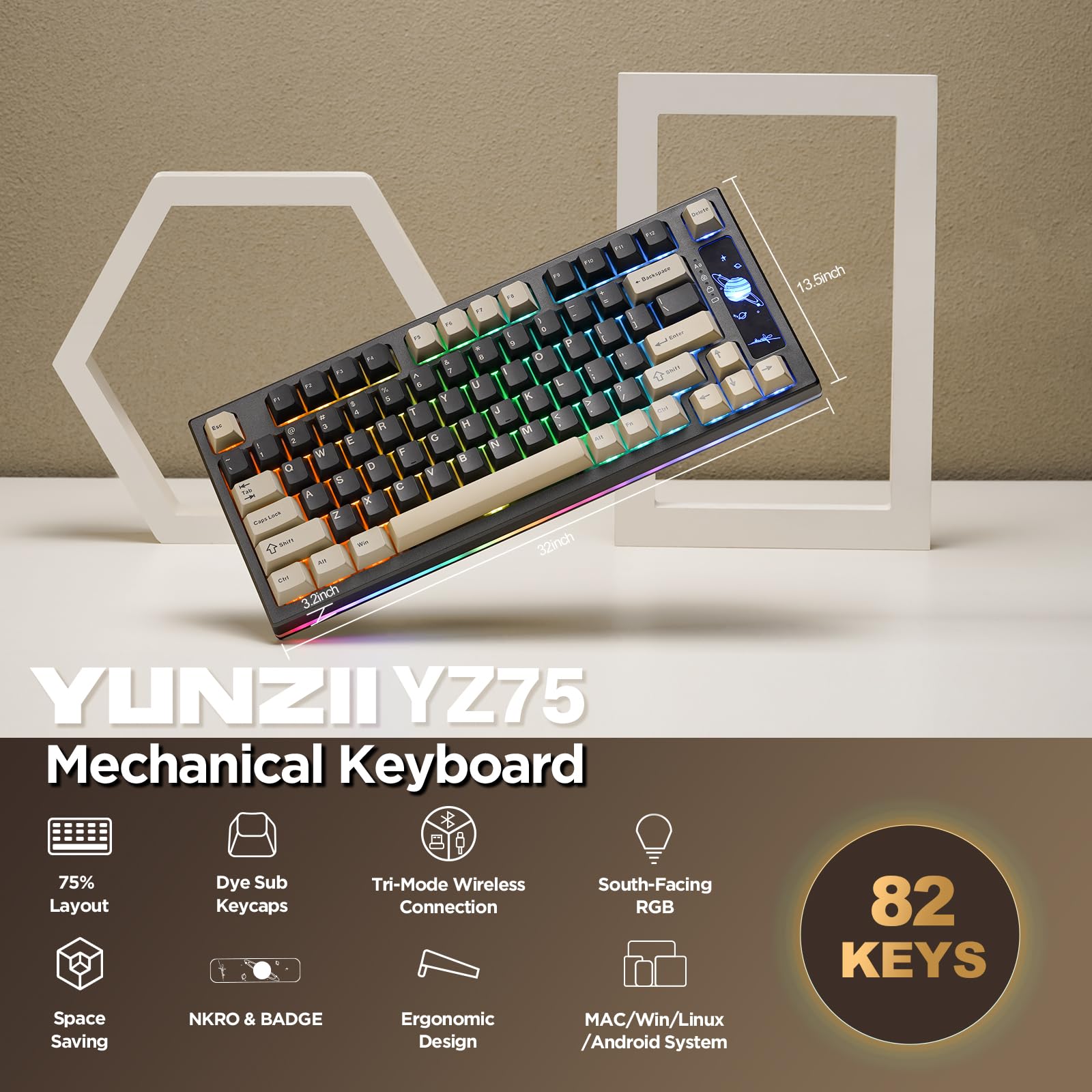 YUNZII YZ75 75% Hot Swappable Wireless Gaming Mechanical Keyboard, RGB Backlights, BT5.0/2.4G/USB-C, Dye Sub PBT Keycaps for Linux/Win/Mac(Gateron G Pro Brown, White)