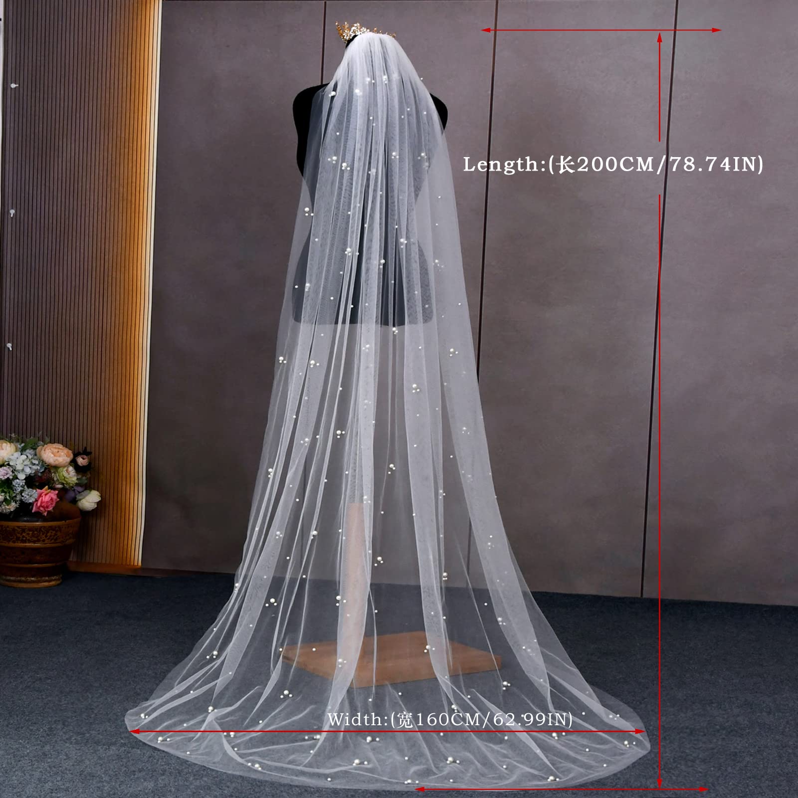 ULAPAN Women Pearl Wedding Veil Simple Chapel Bridal Veil for Wedding Party 2M Long (white)