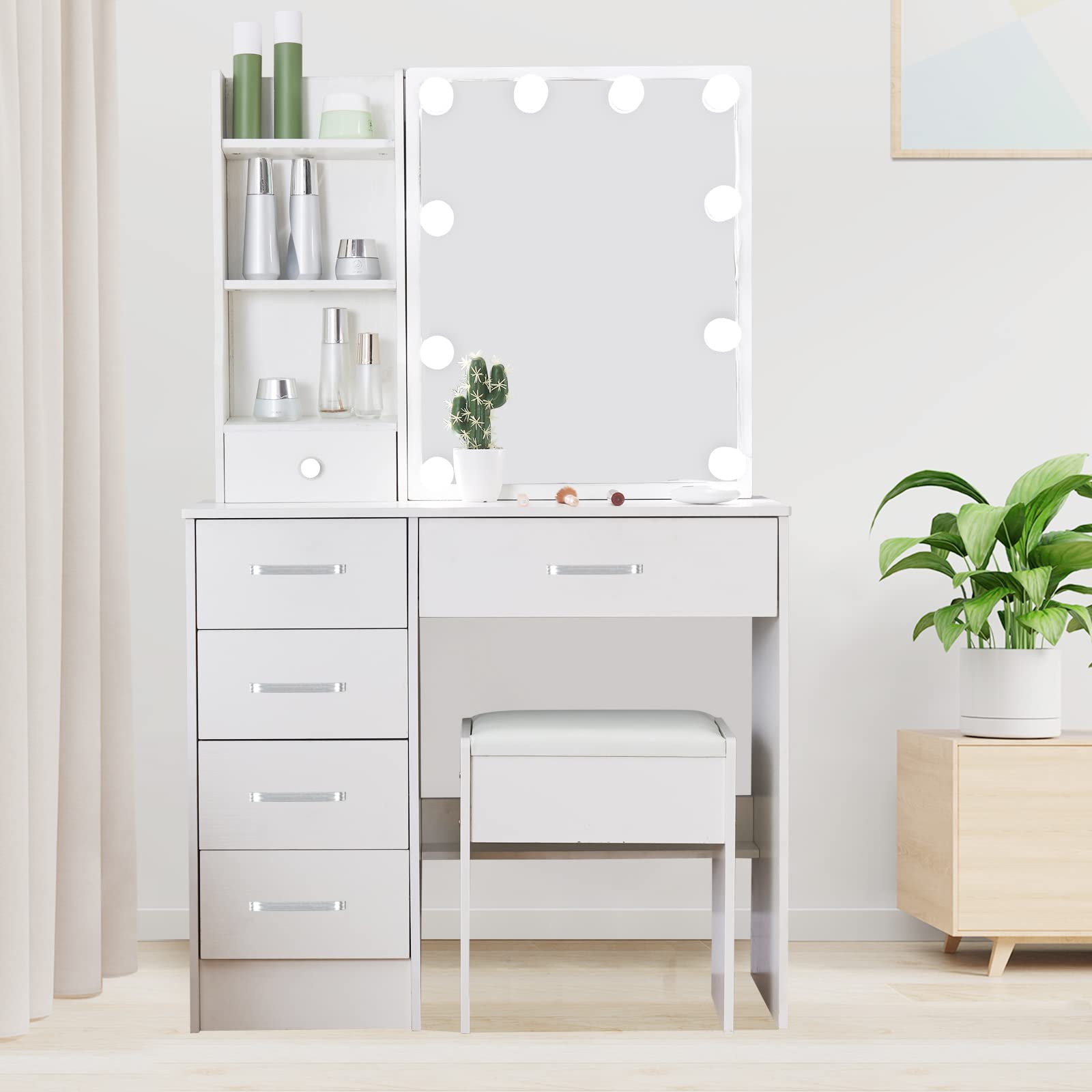 Modern Makeup Vanity with Hollywood Lighted Mirror, 3 Lighting Modes Dressing Table with 6 Drawers and Shelves, Vanity Set with Stool for Bedroom
