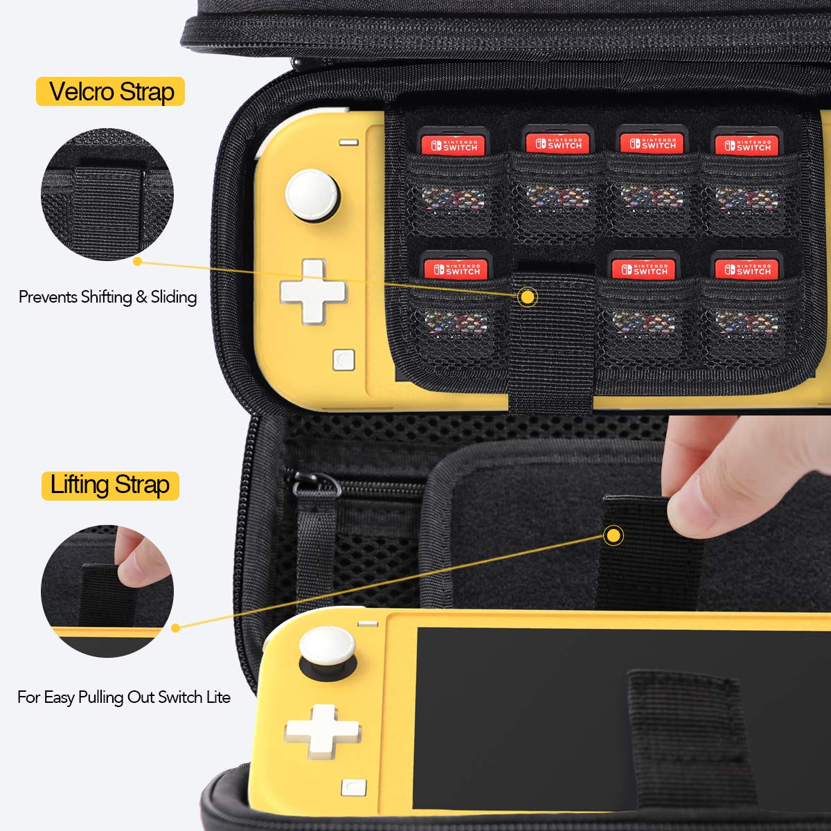 Rayvol Carrying Case for Nintendo Switch Lite, Protective Portable Hard Shell Travel Case Cover with 20 Game Card Slots, Fits AC Adapter Charger, Console and Accessories, [Large Capacity] Color Black