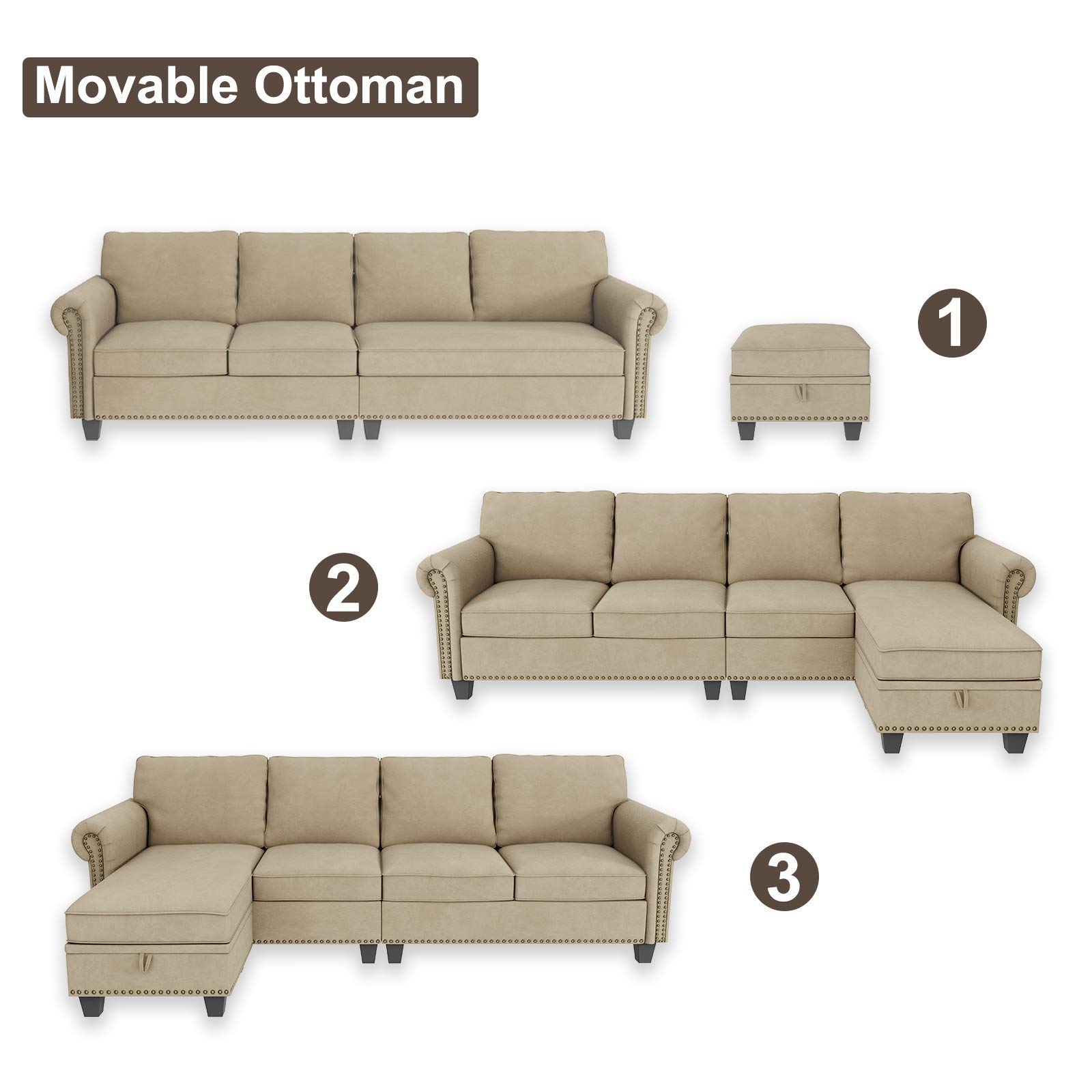 Nolany Convertible Sectional Sofa Couch, L Shaped Sectional Sofa, Reversible Sectional Couch for Small Apartment, Dark Khaki