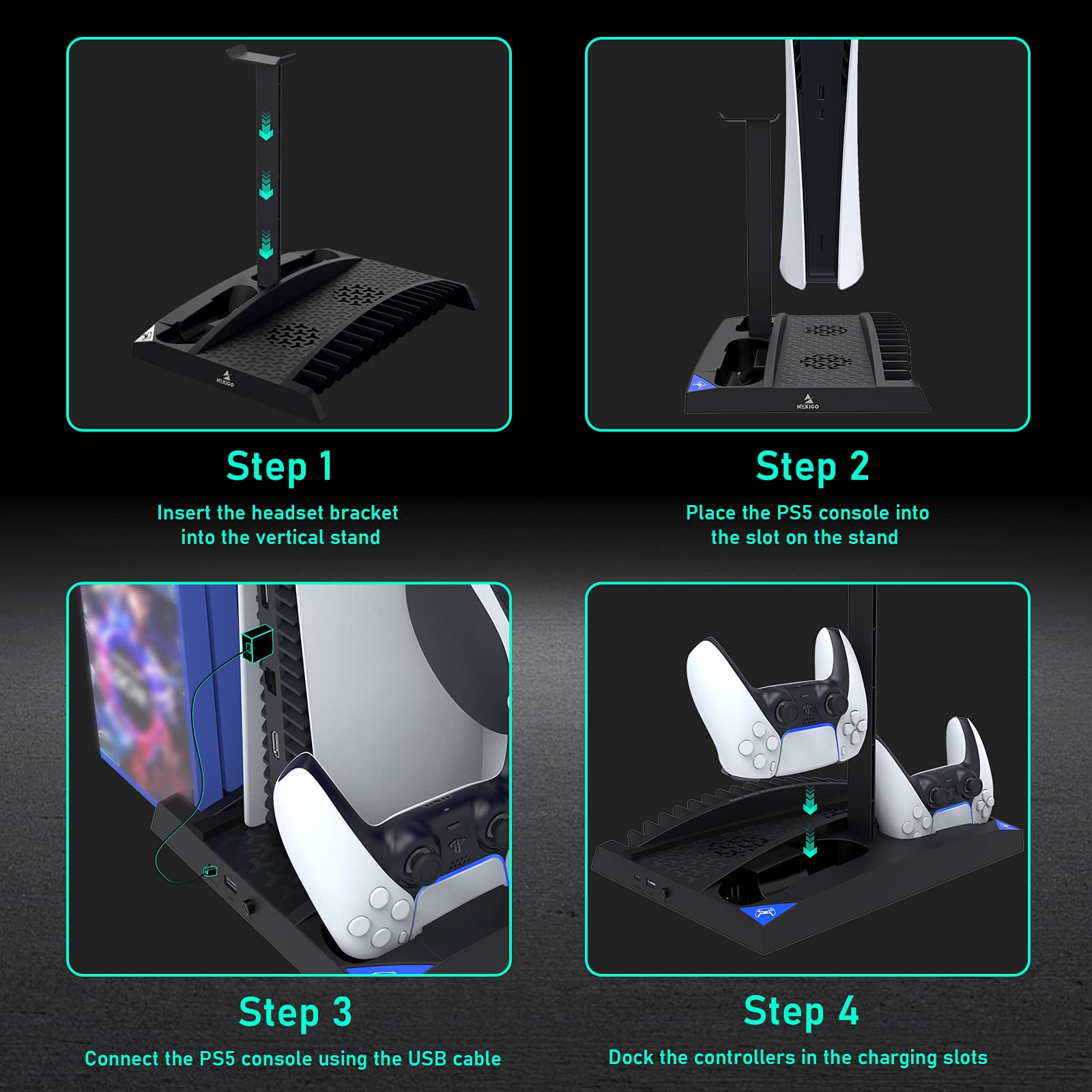 NexiGo Upgraded Vertical Stand with Cooling Fans for PS5 Disc & Digital Editions, Dual Controllers Charger, Built-in Game Storage and Headset Holder, 17 Game Rack Organizer, Black