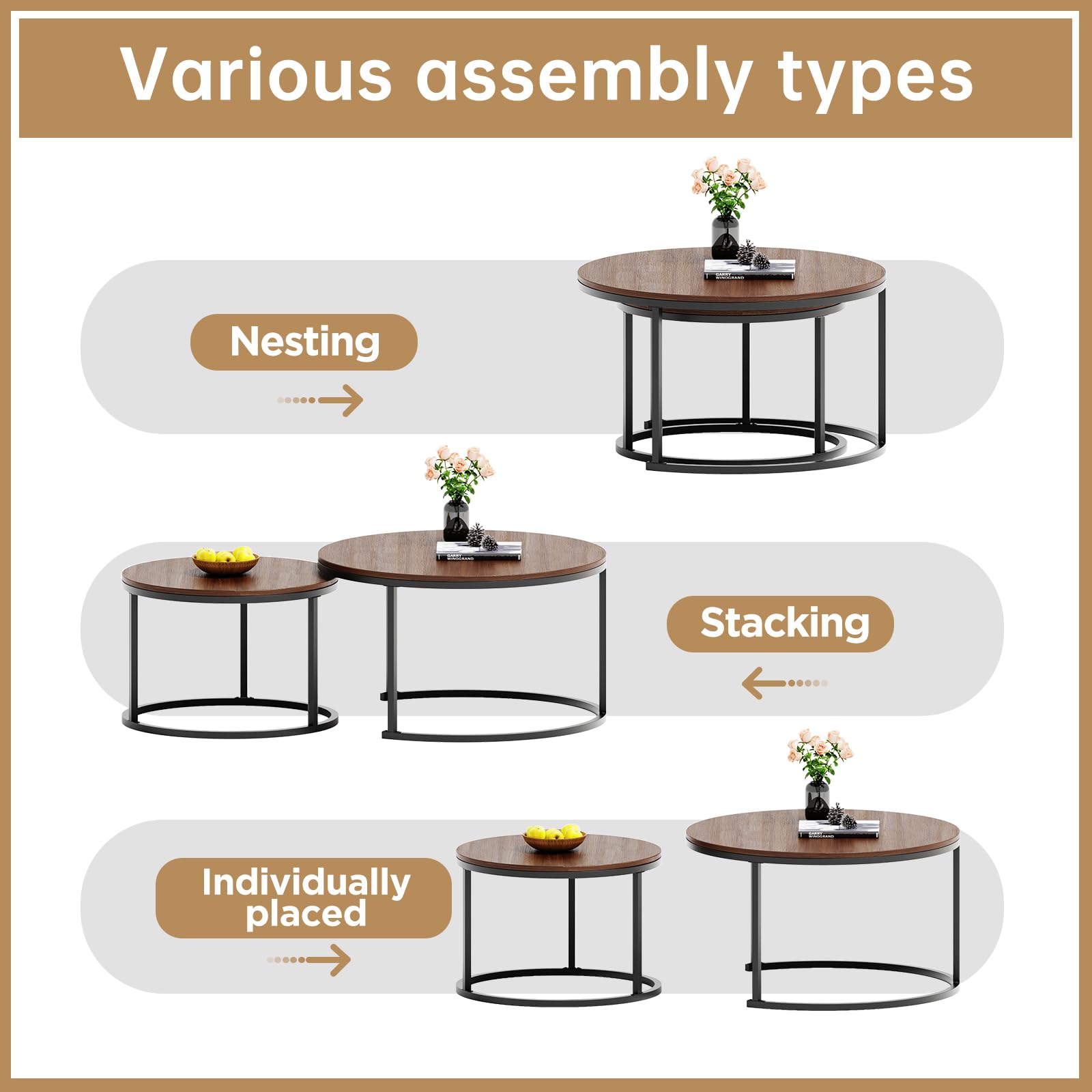 Modern Nesting Coffee Table Set of 2 for Living Room Balcony Office, Modern Decorative Round Wooden Coffee Center Table with Sturdy Metal Frame