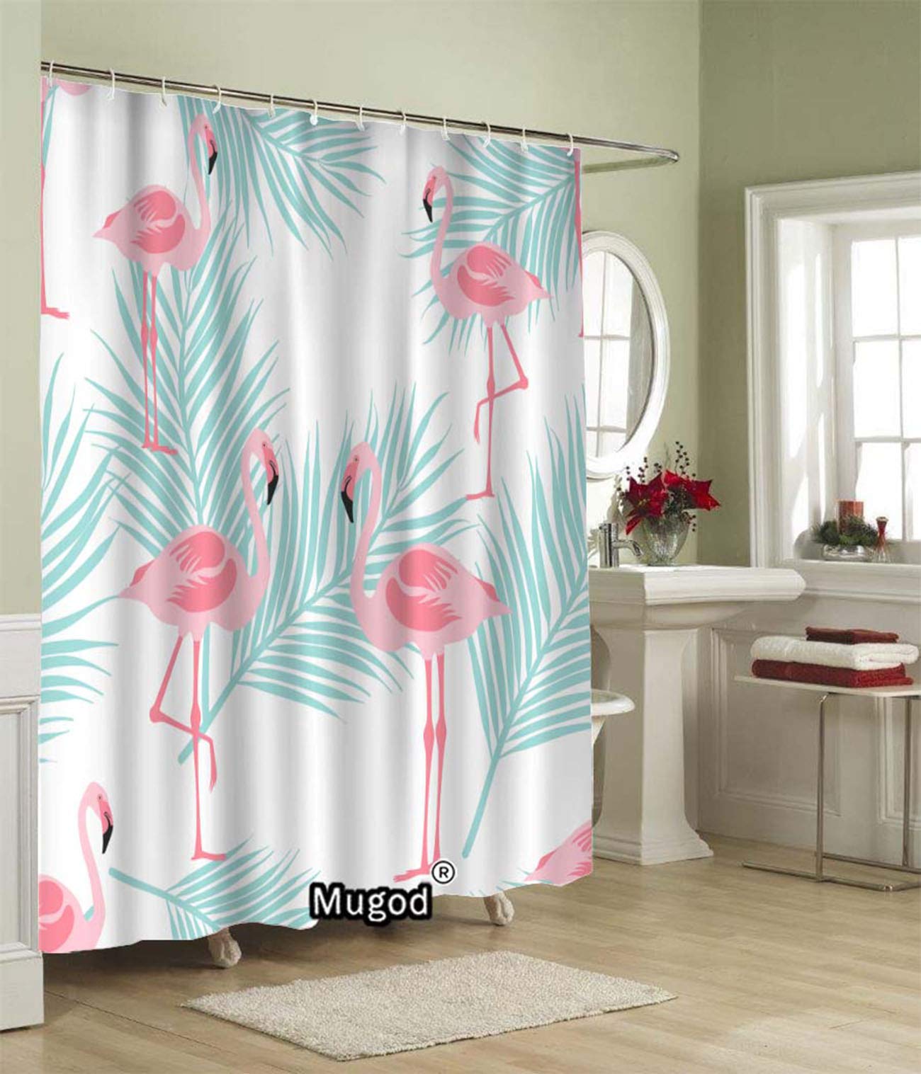 Mugod Pink Flamingo Shower Curtains Seamless Pattern Flamingo Standing on Tropical Leaves and White Background Decorative Bathroom Waterproof Fabric Shower Curtain with 12 Hooks 60 x 72 Inches