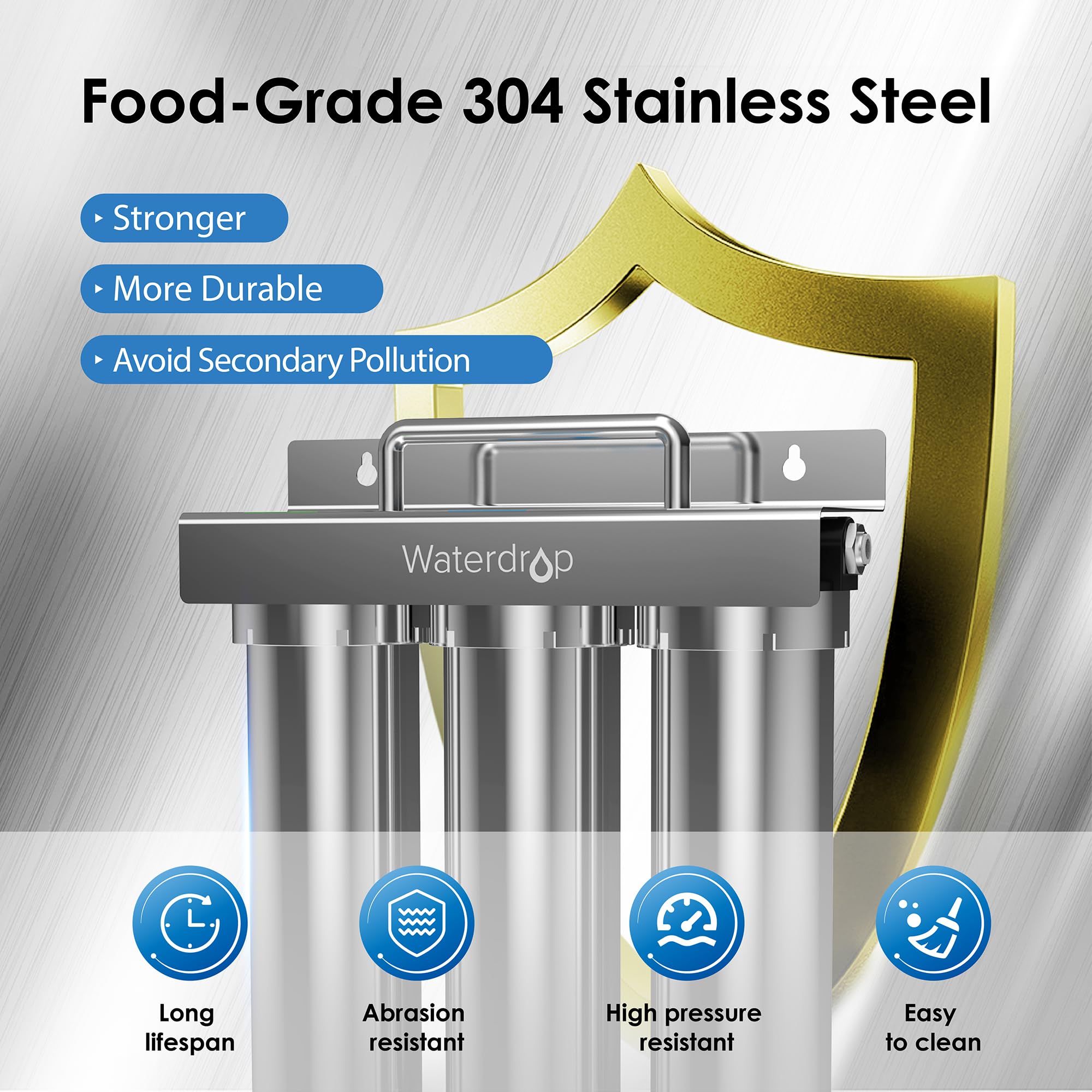 Waterdrop TST-UF 0.01μm Ultra-Filtration Under Sink Water Filter, Stainless Steel, 5X Service Life,Remove 99.99% of Contąminants Larger Than 0.01μm, USA Tech (3 Filter Included)