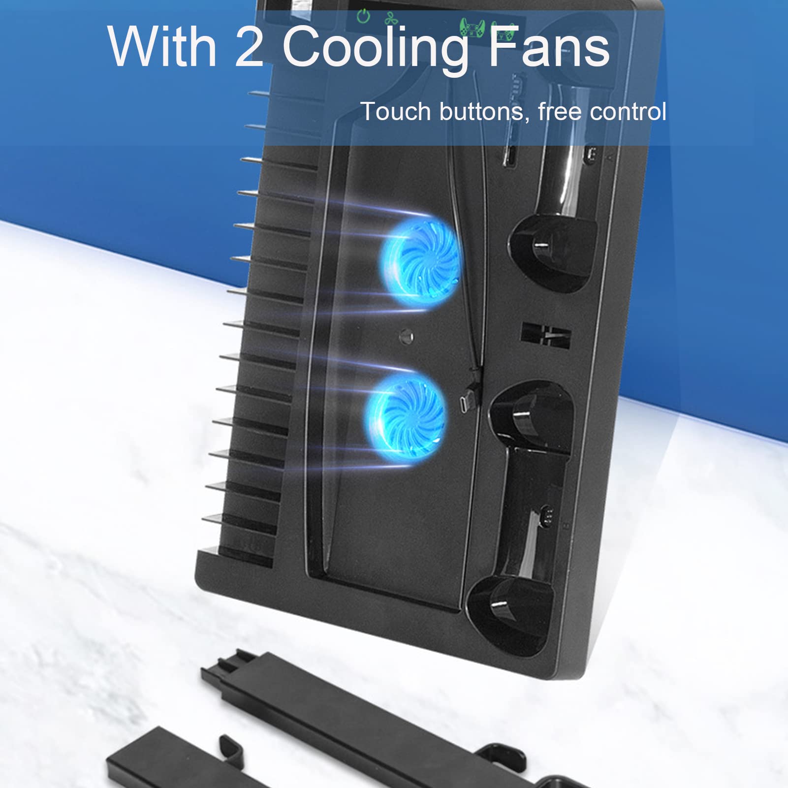 Vertical Cooling Fan Stand for PS5 Console, Digital Editions Dual Controllers Charger, 2 Silent Cooling Fans, Retractable Game Storage Slots, for Playstation 5