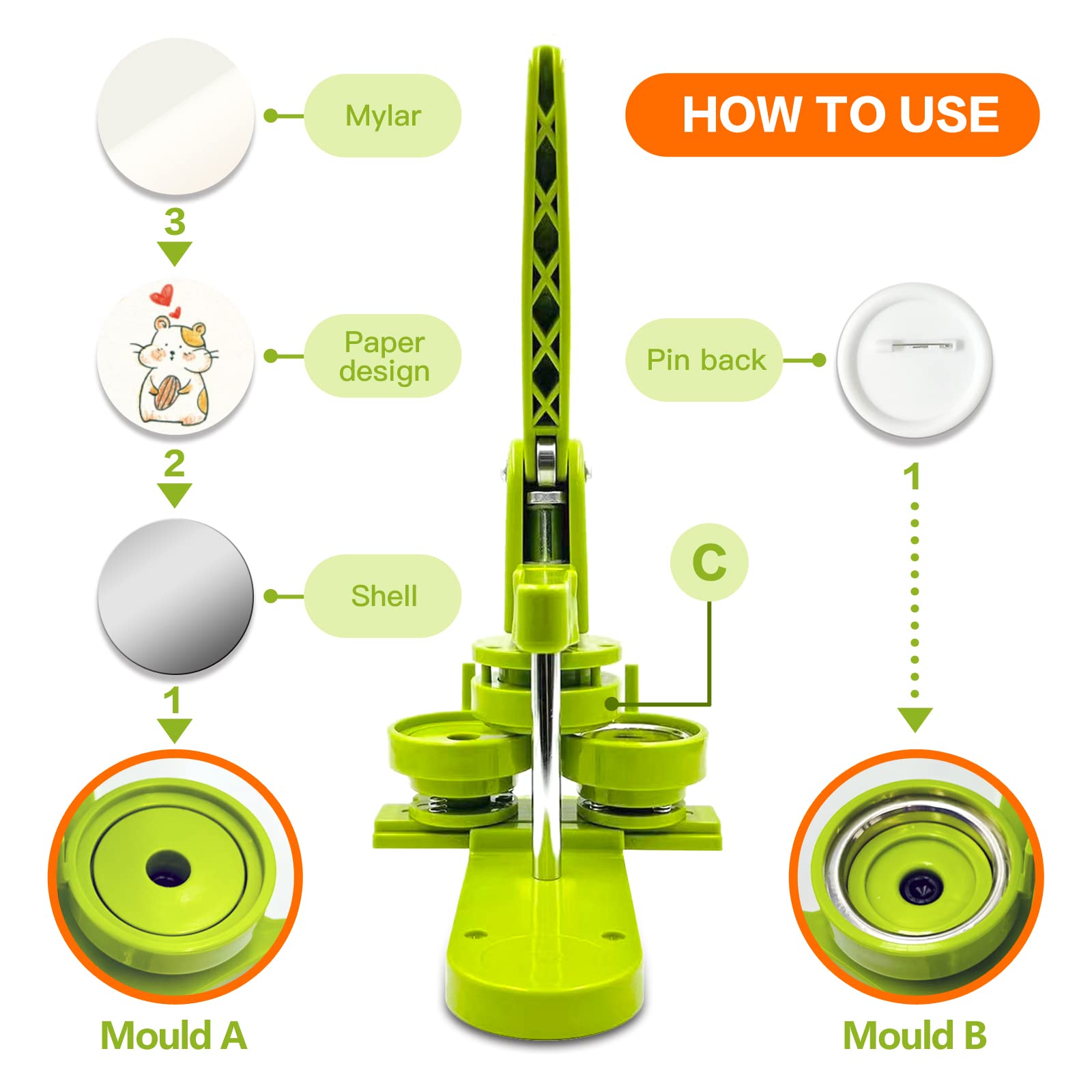 Mimeng Uomo Button Maker Machine Multiple Sizes 1+1.25+2.25inch DIY Pin Maker for Kids, Easy to Use Out of Box and Come with 300 Sets Button Making Supplies and 3 Sizes Circle Cutter