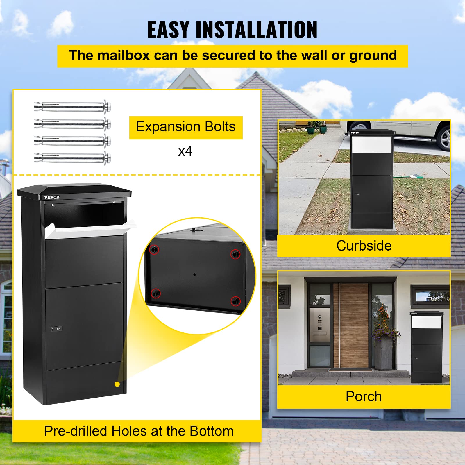 VEVOR Package Delivery Box, 18.9'' x 12'' x 44'', Galvanized Steel Parcel Mail Drop Box w/Code Lock & Mounting Hardware, for Outdoor Porch, Curbside, Large