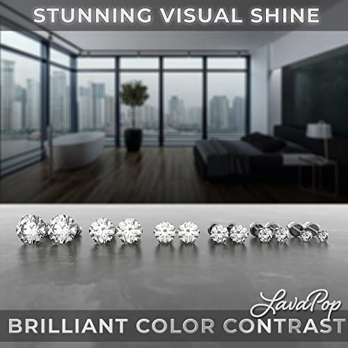 Set of 6 Cubic Zirconia Stud Earrings, Hypoallergenic Stainless Steel CZ Earrings (8-3 mm, Silver)