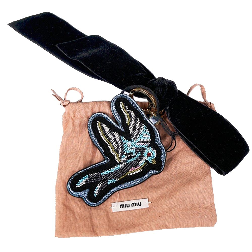 Prada Miu Miu Trick Plex Blason Beaded Blue Bird Black Velvet Bow Keyring 5TL217