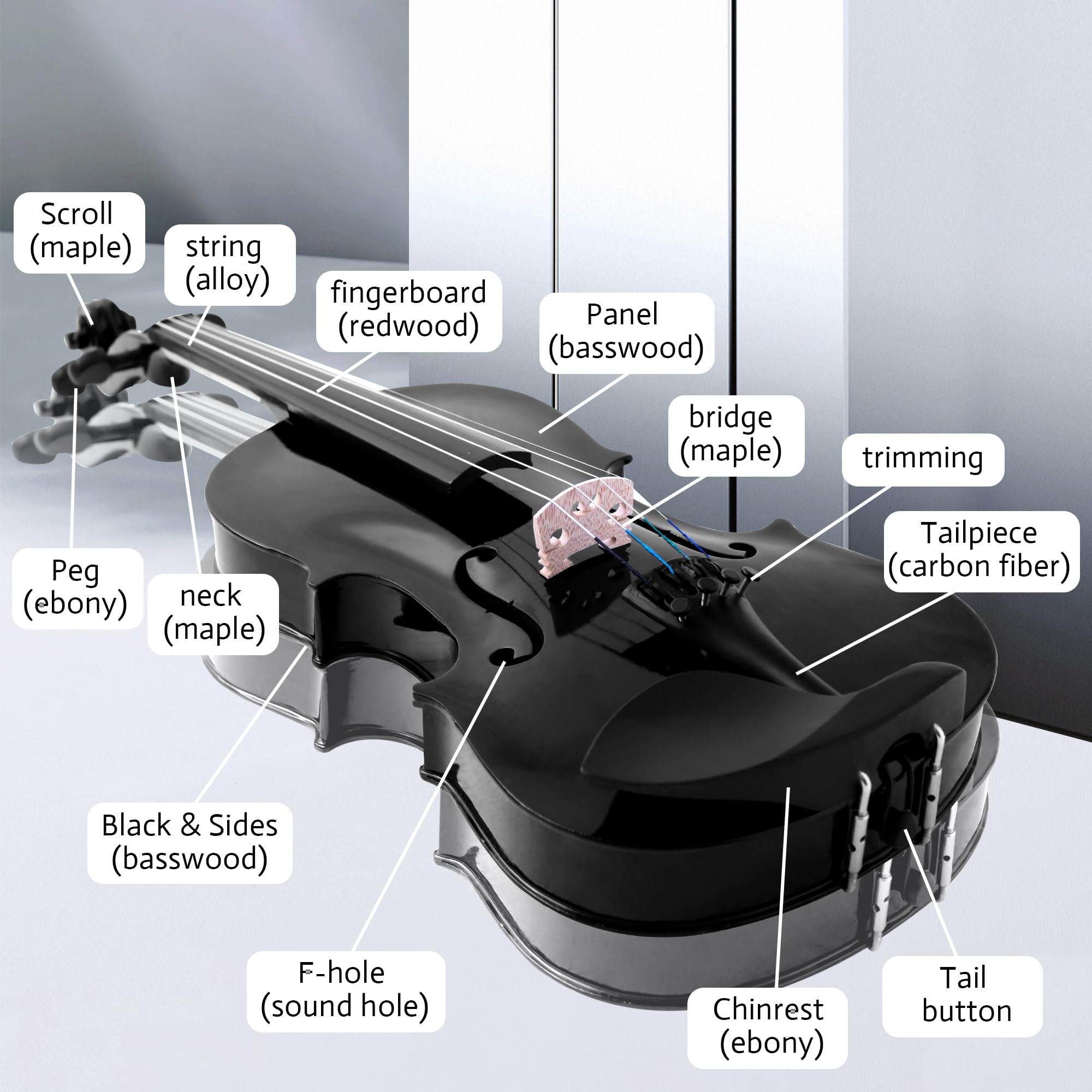 MOSAYA Violin 4/4 Full Size for Beginner Kids with Violin Strings Violin Bow Violin Rosin Shoulder Rest Violin Tuner Finger Guide for Violins and Violin Case, Black Glossy