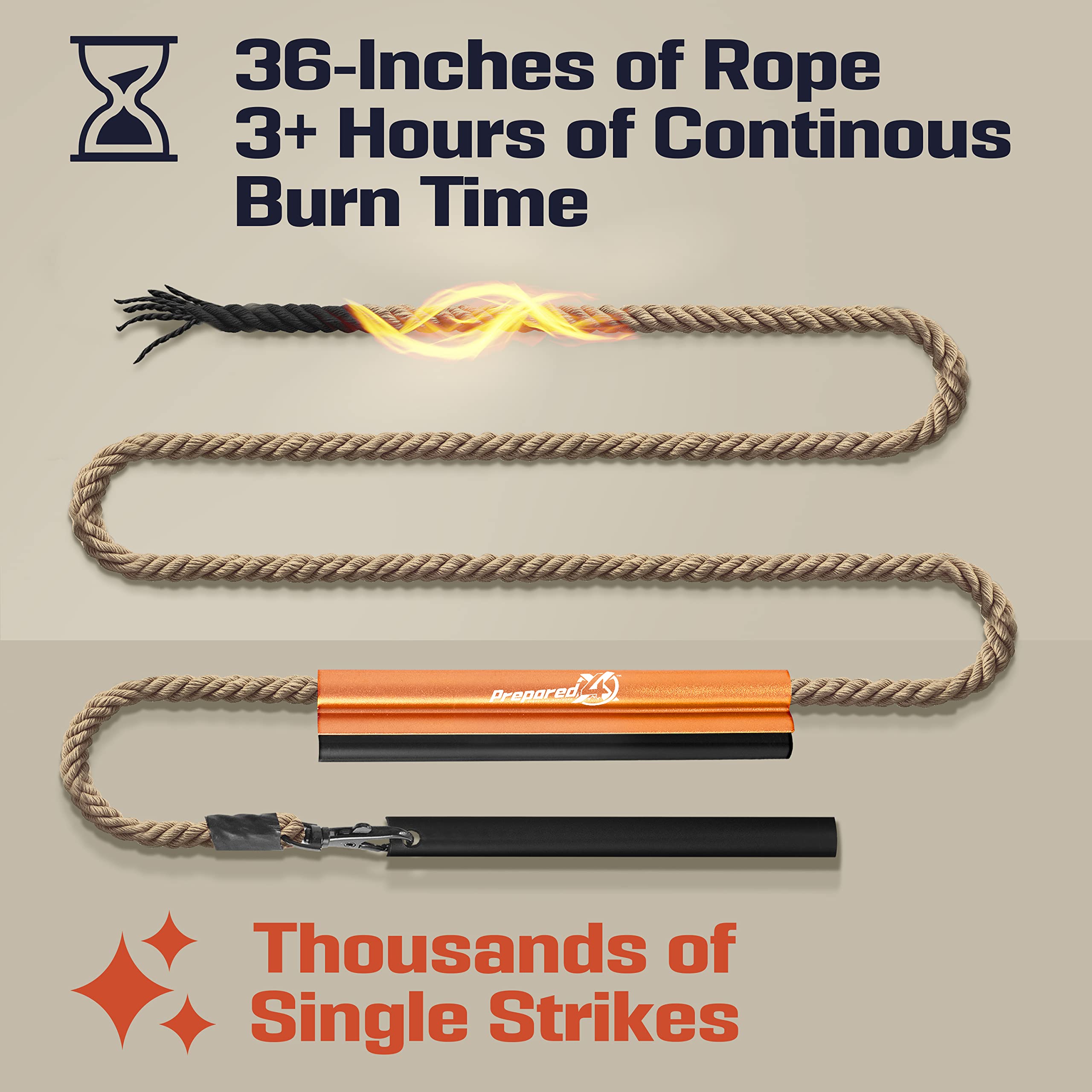 PREPARED4X Fire Starter Survival Tool – Ultimate All-in-one Ferro Rod, Flint and Steel, 36" Waterproof Tinder Wick Rope, Patented Fire Starter Kit – 6” x 1/2” Fire Steel (Large)