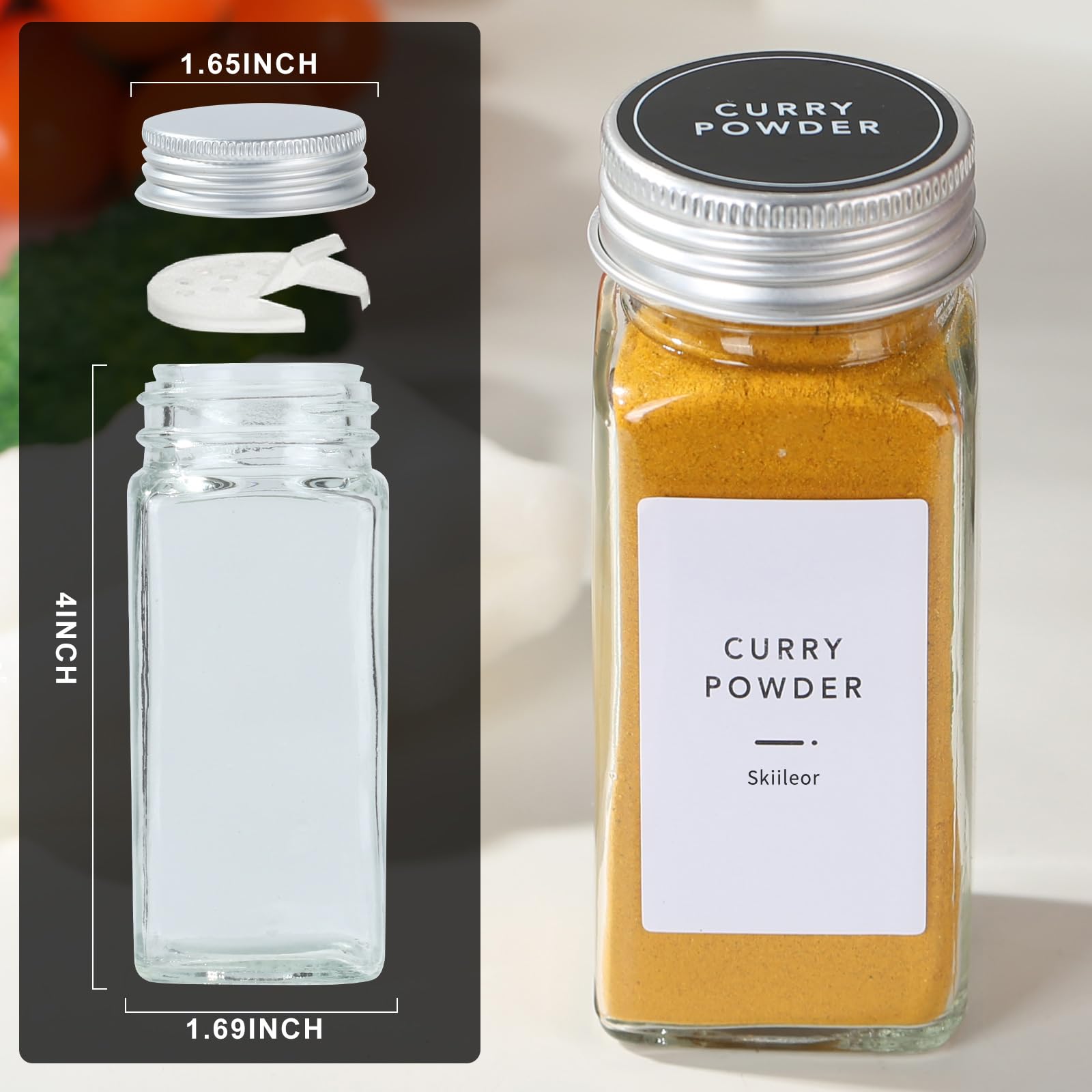 Skiileor 25 Pcs Spice Jars with Labels- Glass Spice Jars with Labels,Shaker Lids, Funnel, Chalk Pen, Brush,4oz Seasoning Containers Bottles for Spice Rack, Cabinet, Drawer