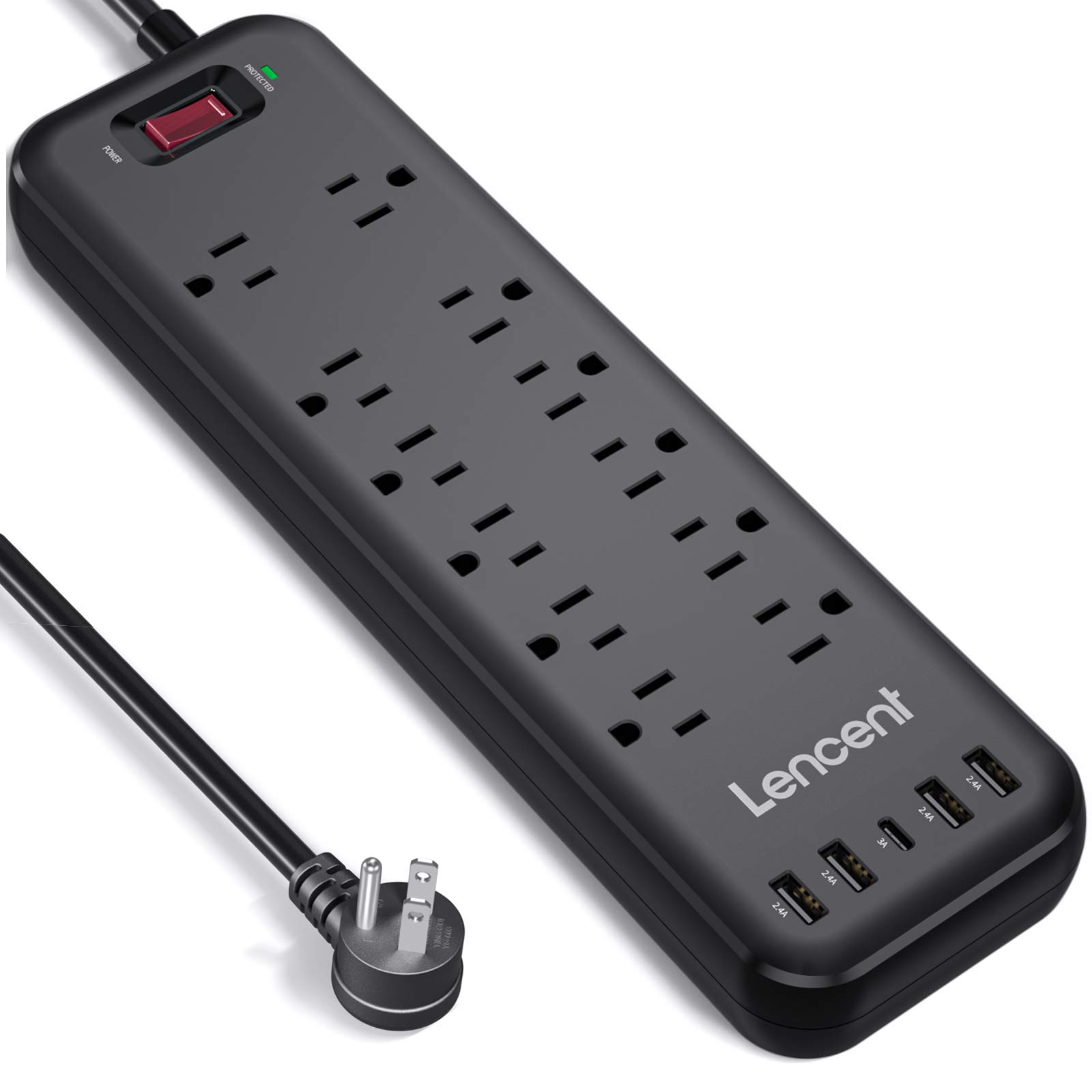 Power Strip, LENCENT Surge Protector with 12 Outlets & 5 USB Ports(4 USB-A & 1 USB-C), 6Ft Extension Cord (1875W/15A,3600J), Overload Protection, Mountable Flat Plug Power Bar Heavy Duty- ETL Listed