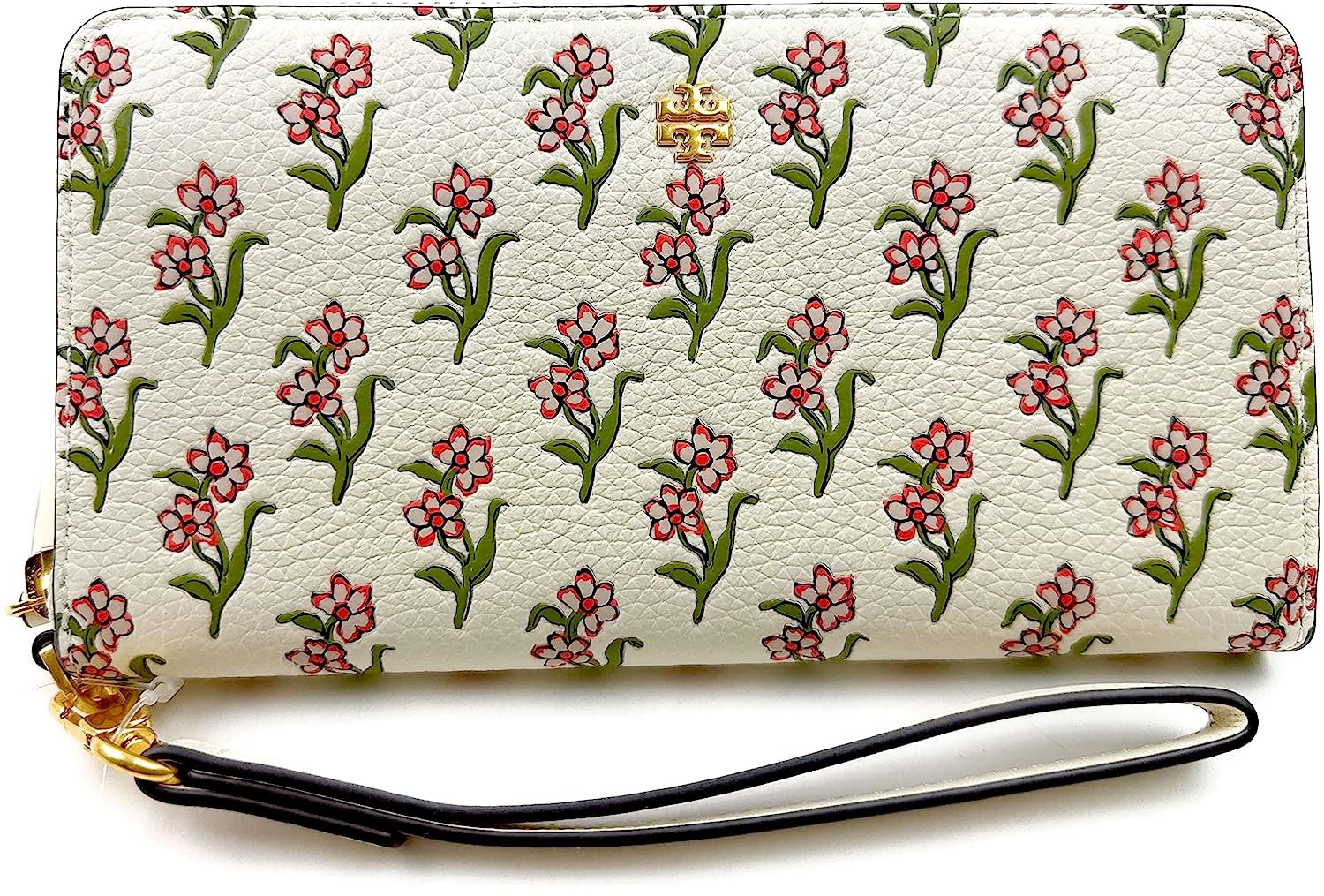 Tory Burch Emerson Mixed-Print Wristlet Zip Continental Wallet (Cream, Red, Green Block Print Ditsy)