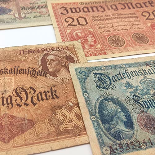 WWI German Empire Collection - 7 banknotes Issued from 1914 to 1918. Certificate of Authenticity Included